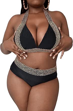 OYOANGLE Women's Plus Size 2 Piece Bikini Set Appliques Triangle Halter ...