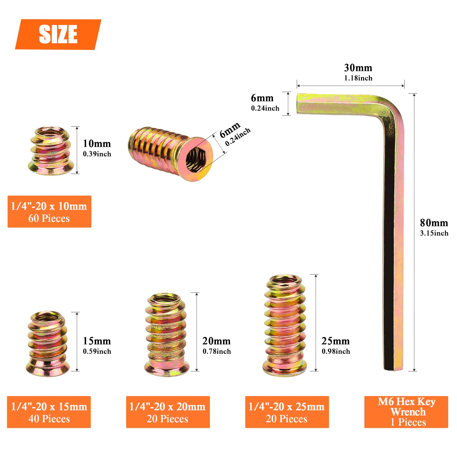Threaded Inserts HELIFOUNER 1/4-20 - 60 Pcs 15mm Zinc Plated Steel Inserts For Wood Furniture ...