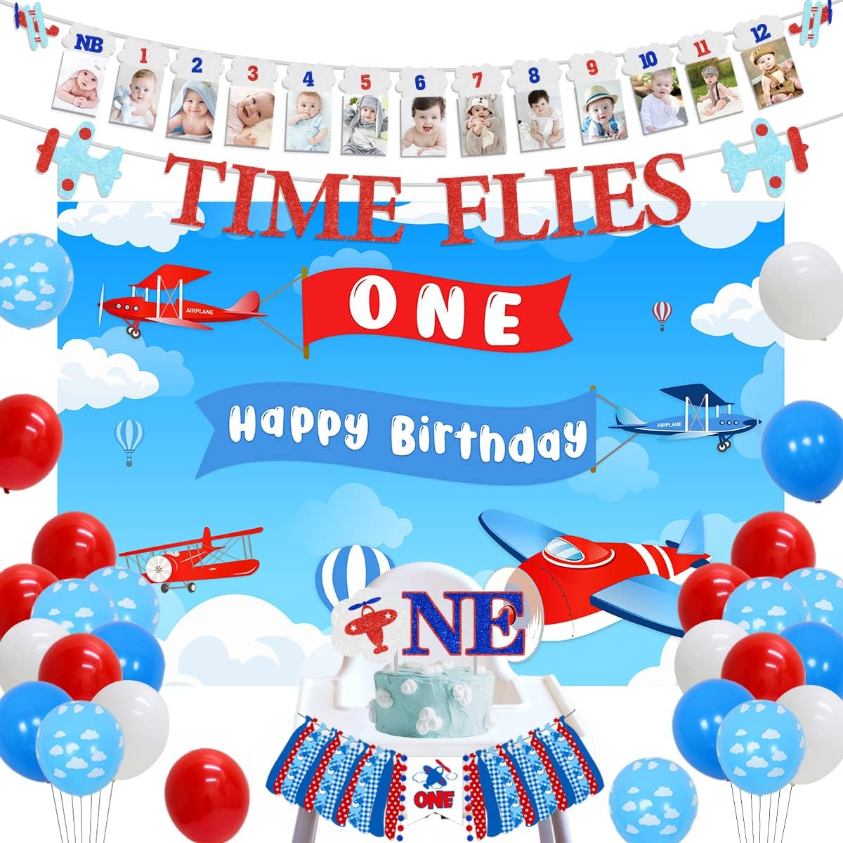 Airplane Theme 1st Birthday Party Decoration Time Flies 1st Birthday Party Banner with Airplane ...