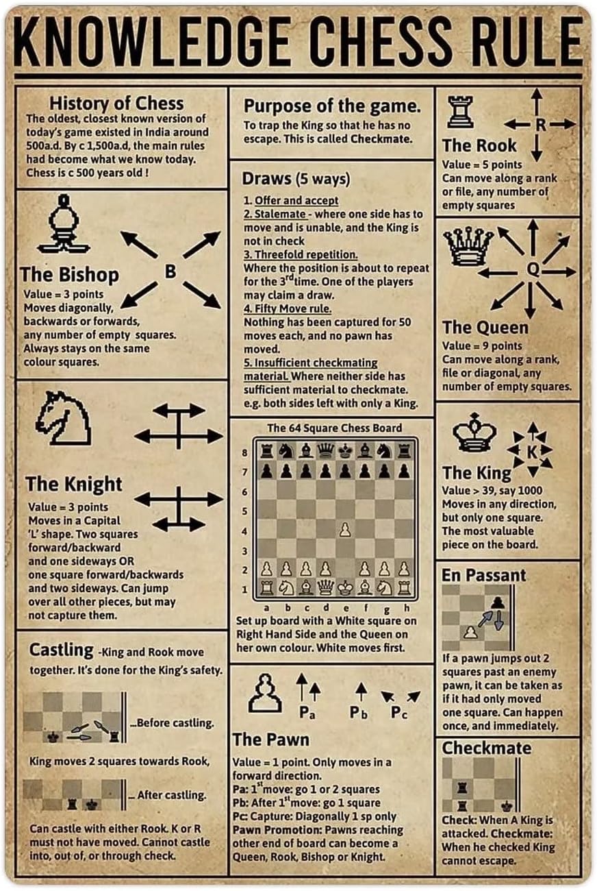 Amazon.com: JIUFOTK Knowledge Chess Rule Metal Tin Signs Chess Rules ...