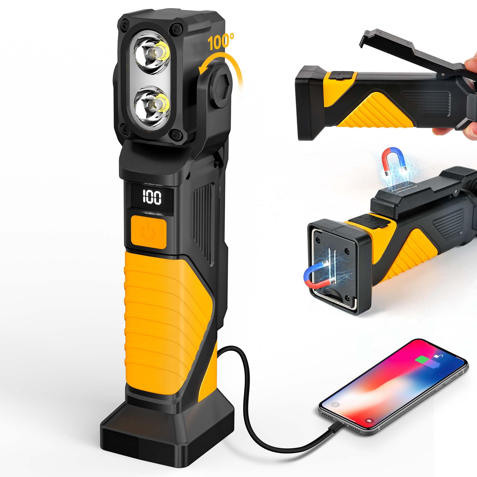 Easymaxx LED Work Light Rechargeable, 1200LM Clamp Work Light with 100 ...