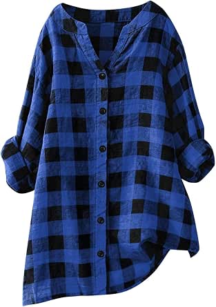 Amazon.com: JiXiang Womens Plaid Shirt Classic Roll Up Long Sleeve ...