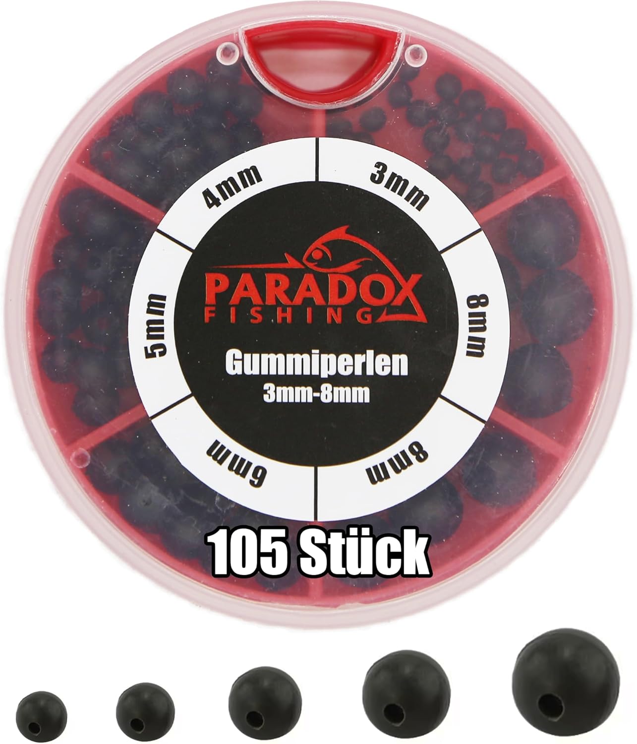 Paradox Fishing Gummiperlen Set 3mm-8mm I 105 Stück I Gummiperlen Angeln Stopper-Perle zum ...