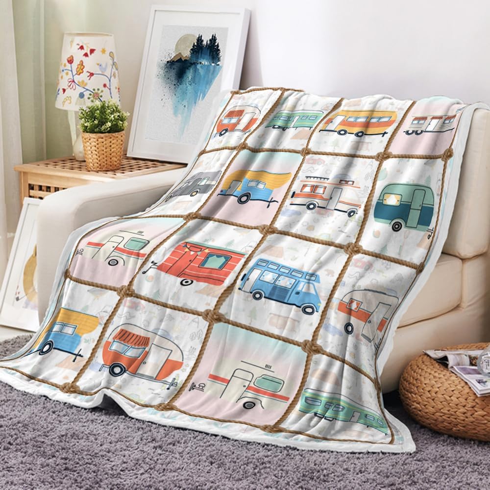 Amazon.com: Happy Camper Decor Blanket Camping Bus Throw Blanket Soft ...
