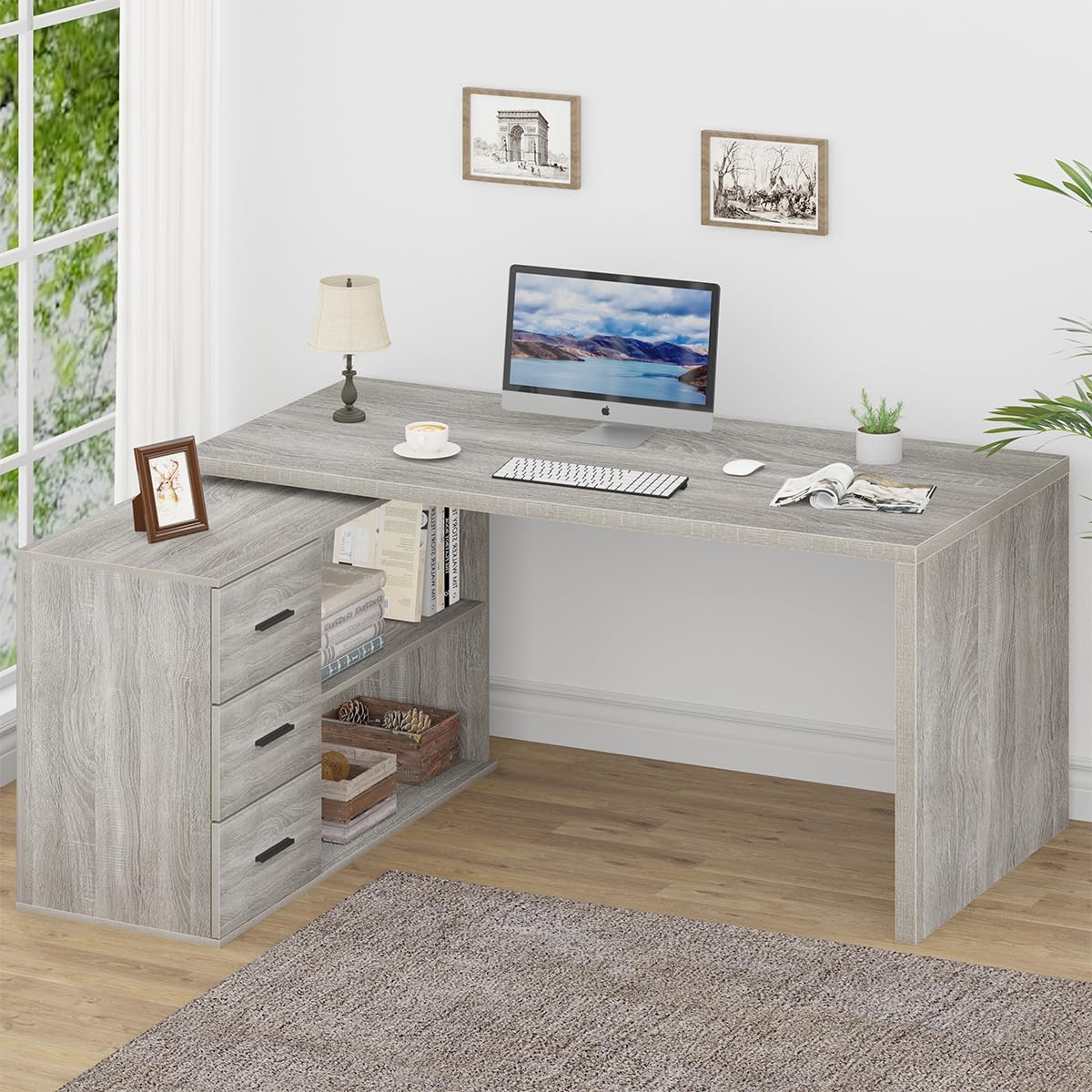 Amazon.com: HSH L Shaped Office Desk with Drawers, Reversible Corner ...