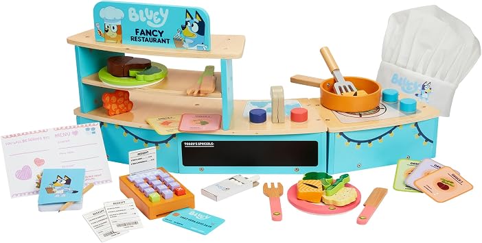 Amazon.com: Bluey – Tabletop Restaurant – 32 Piece Wooden Roleplay Toy ...