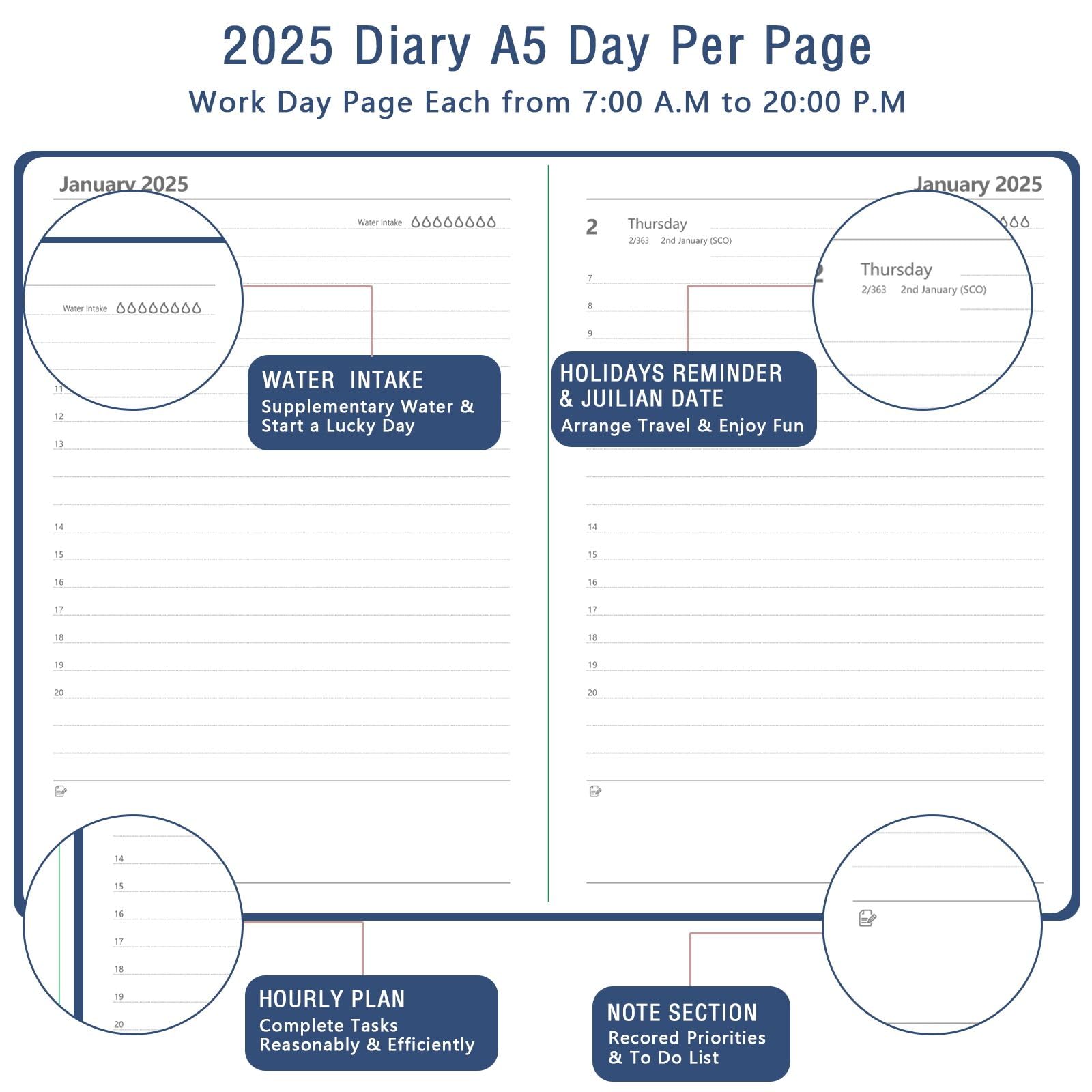 Diary 2025 Day Per Page 2025 Diary A5 Page a Day Diary Planner ...