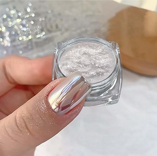 Super Glossy Mirror Effect Nail Powder - White Pearl Chrome Nail Powder ...