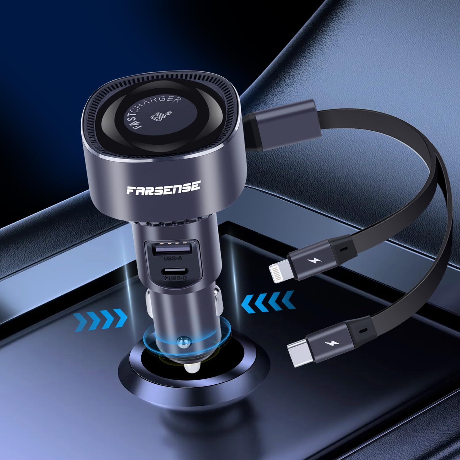 Amazon.com: FARSENSE Retractable Car Charger,60W 4 in 1 Fast Car Phone ...