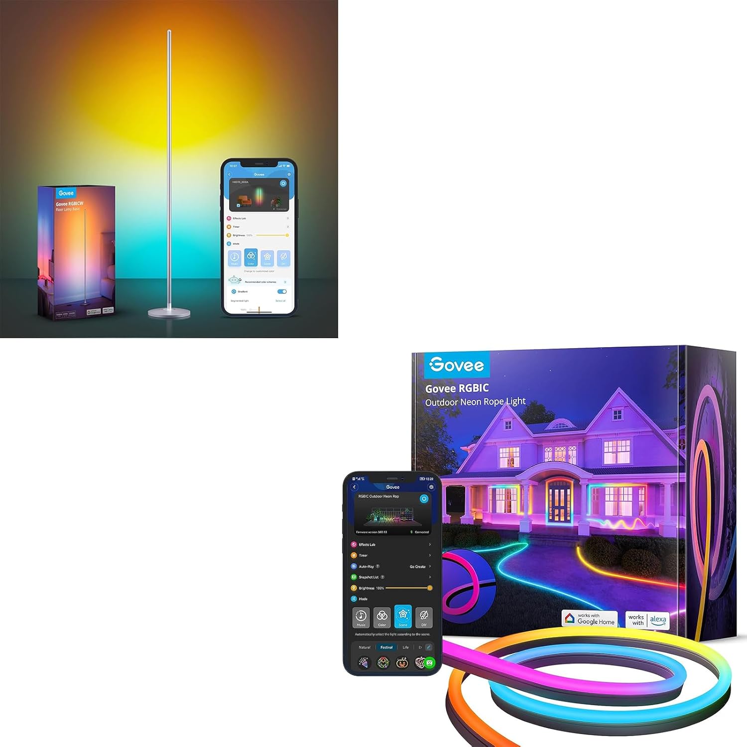 Govee RGBIC Floor Lamp Bundle Outdoor Neon Rope Lights, 64 Scene Modes ...