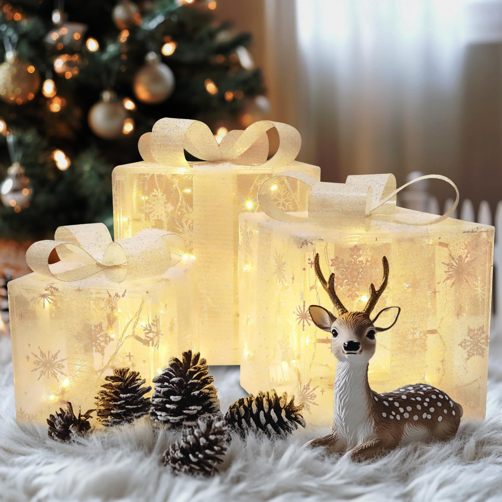 Amazon.com: 3pc Lighted Tinsel Boxes Presents Outdoor Christmas Decor ...