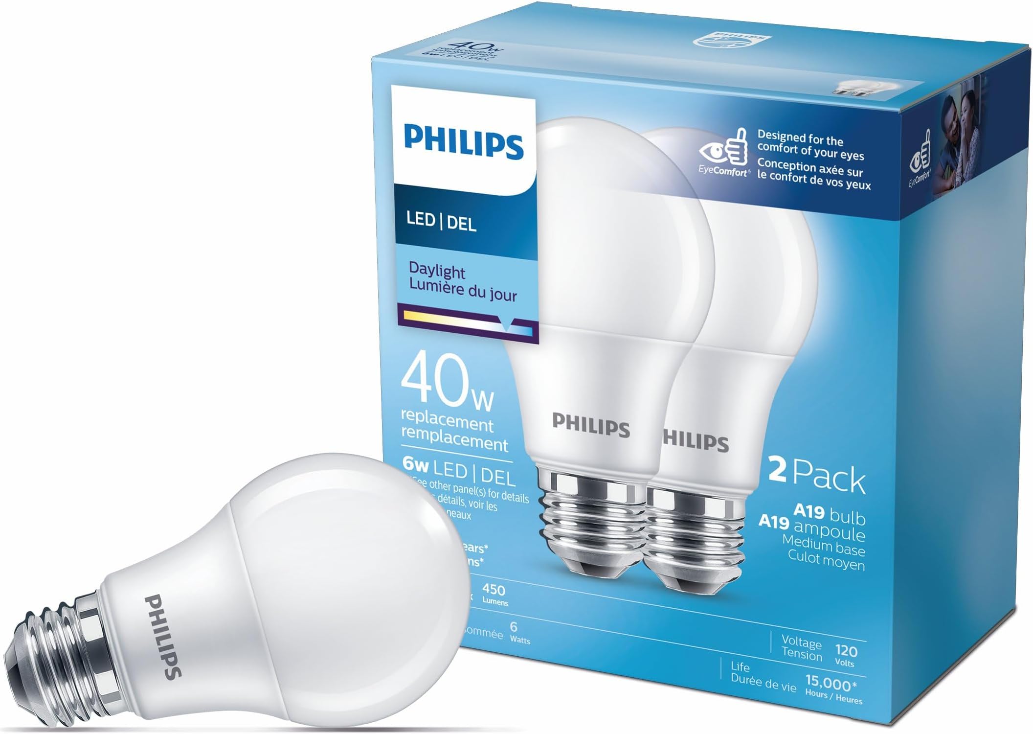 Philips 460741 Led 40W A19 Daylight (5000K) Non-Dimmable-2 Pack, LED ...