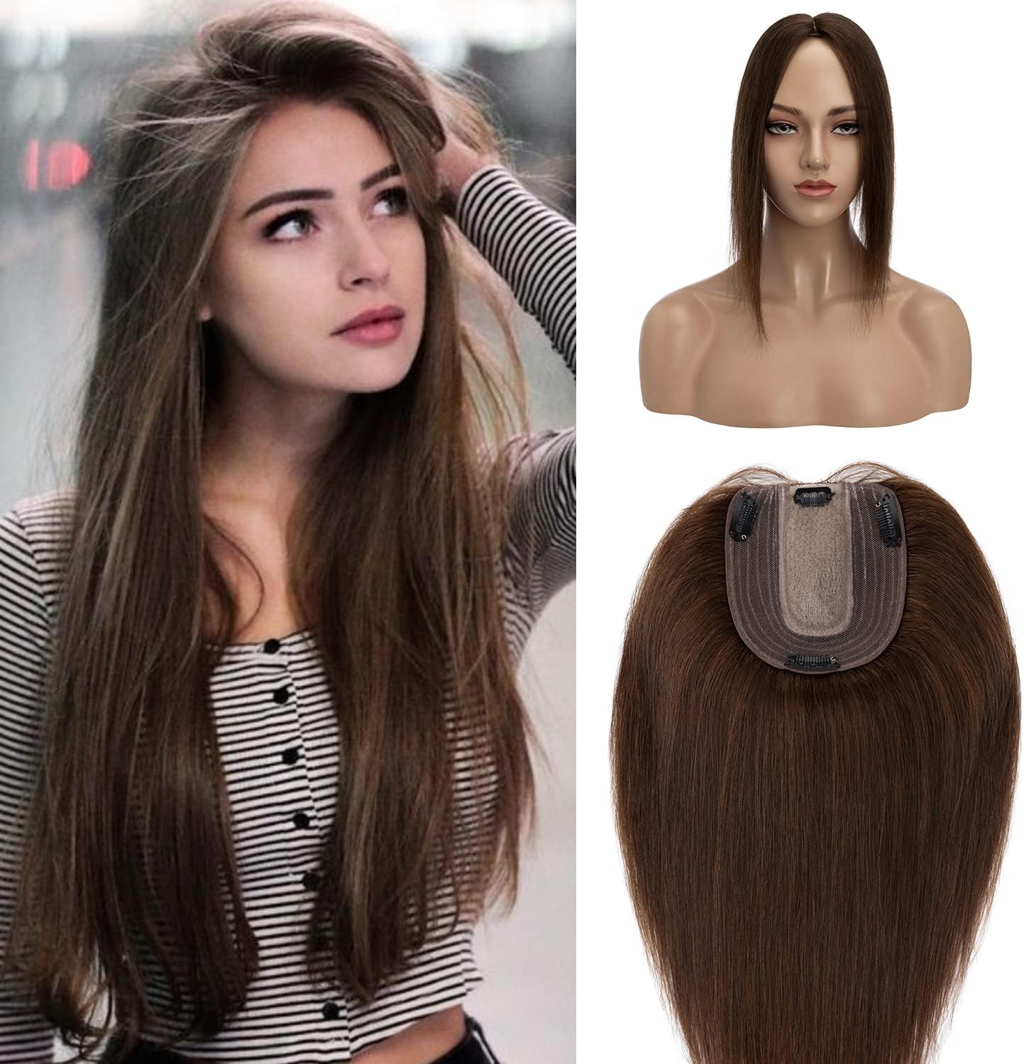 Hairro Clip In Human Hair Topper, 12 inch #04 Medium Brown 130% Density ...