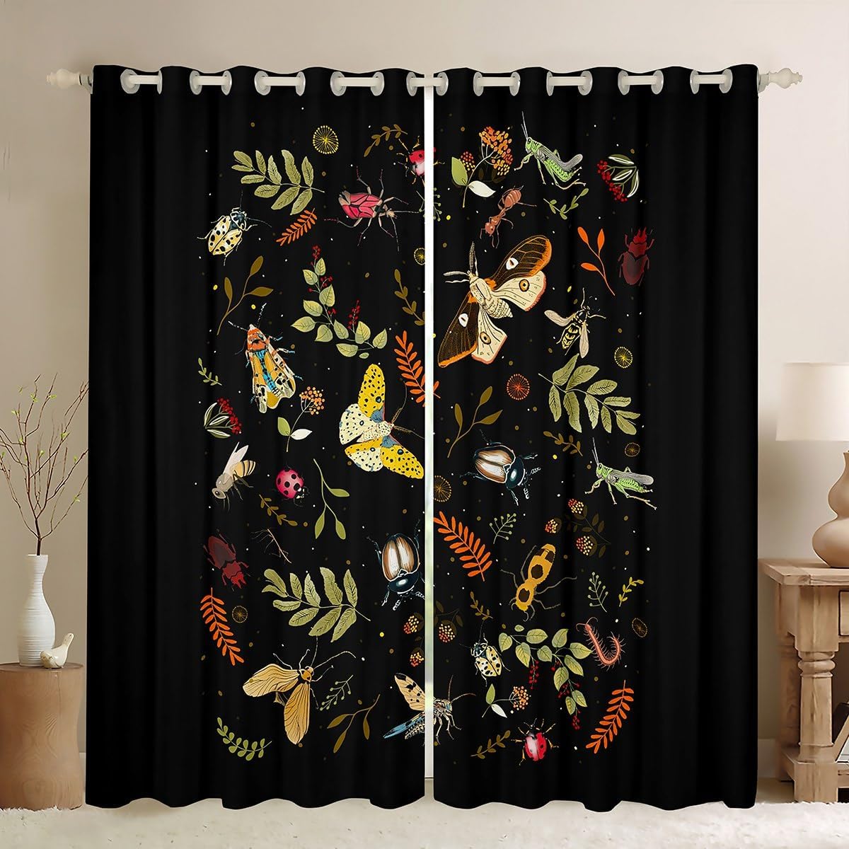 Amazon.com: Boho Moth Window Curtain,Butterfly Ladybug Beetles Palm ...