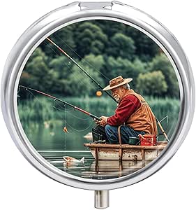 Portable Travel Pill Box Fishing Lake Fishermen Printed Round Small ...