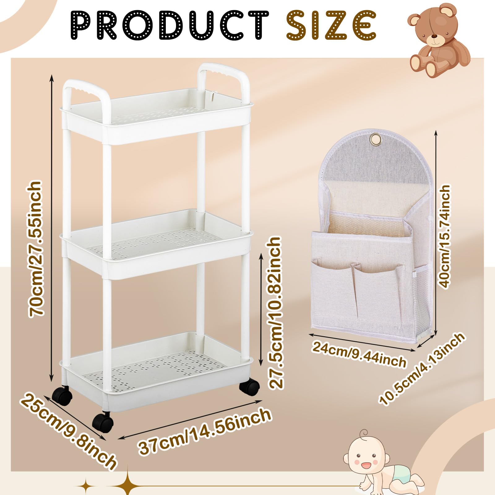 Rolling Baby Cart With Wheels NEYCIL 3-Tier Rolling Diaper Caddy Cart ...