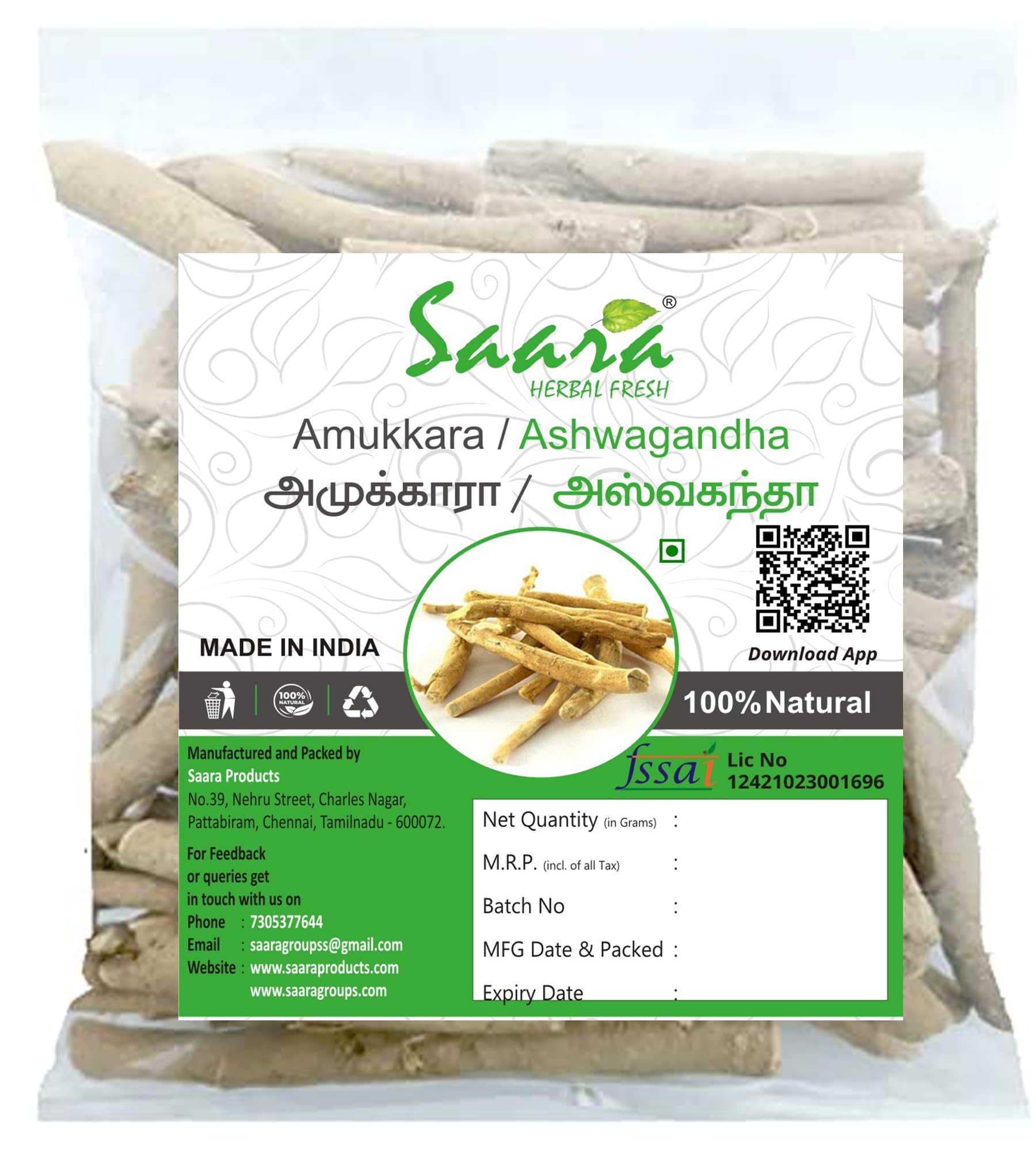 Saara HERBAL FRESH Amukkara, 700g, Indian Ginseng, Amukkara Kizhangu ...