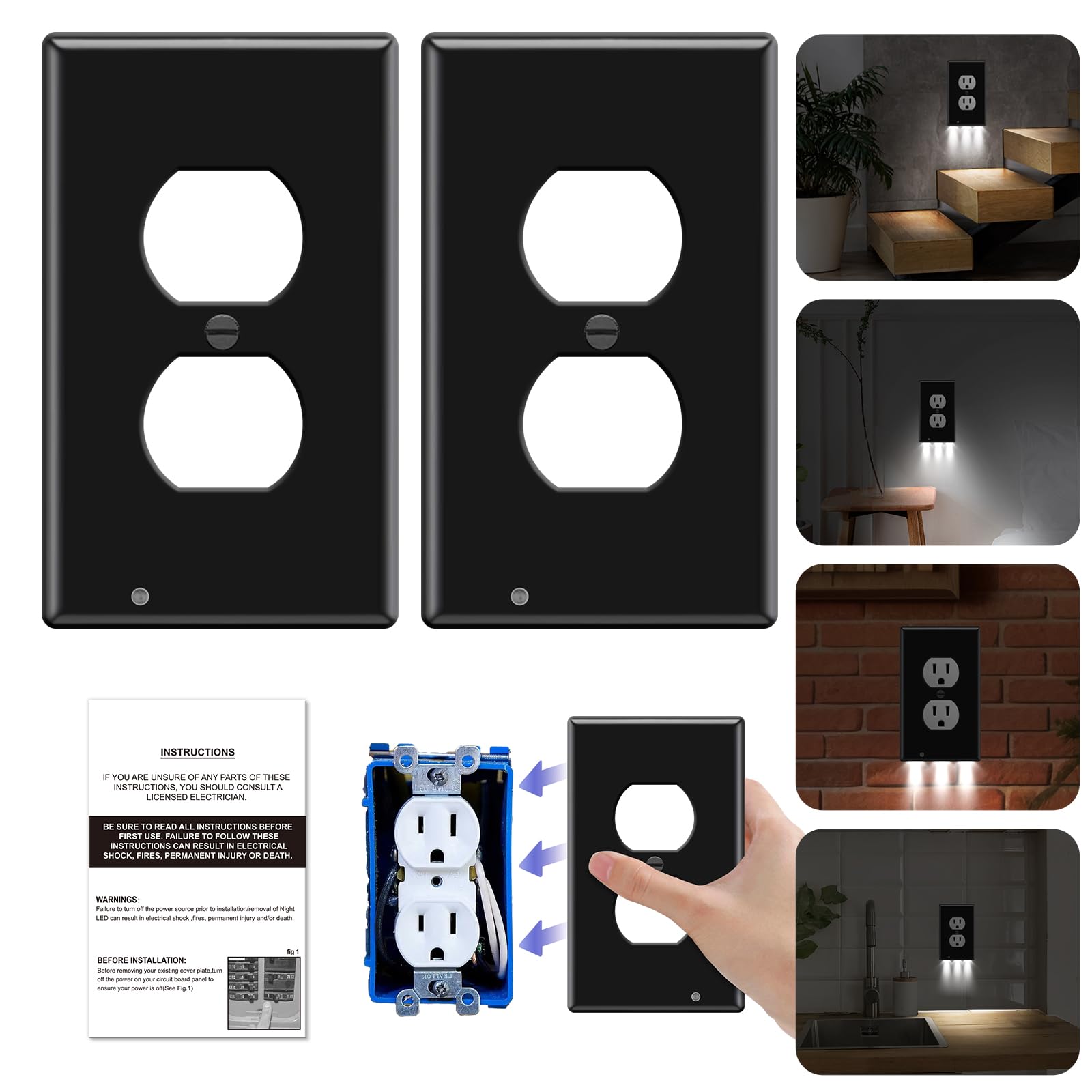 2Pcs Outlet Wall Plate with LED, Easy to Install Light Switch Cover ...