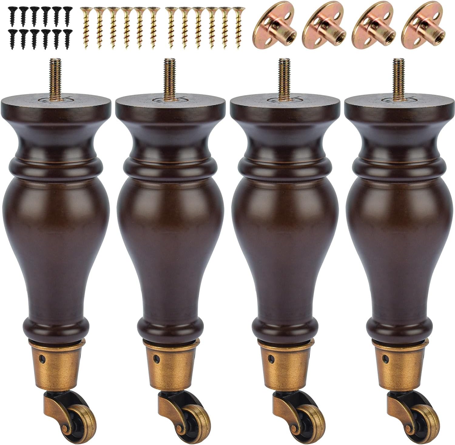 TCHOSUZ 9 inch / 22cm Wooden Furniture Legs with Casters Wheels, Pack ...