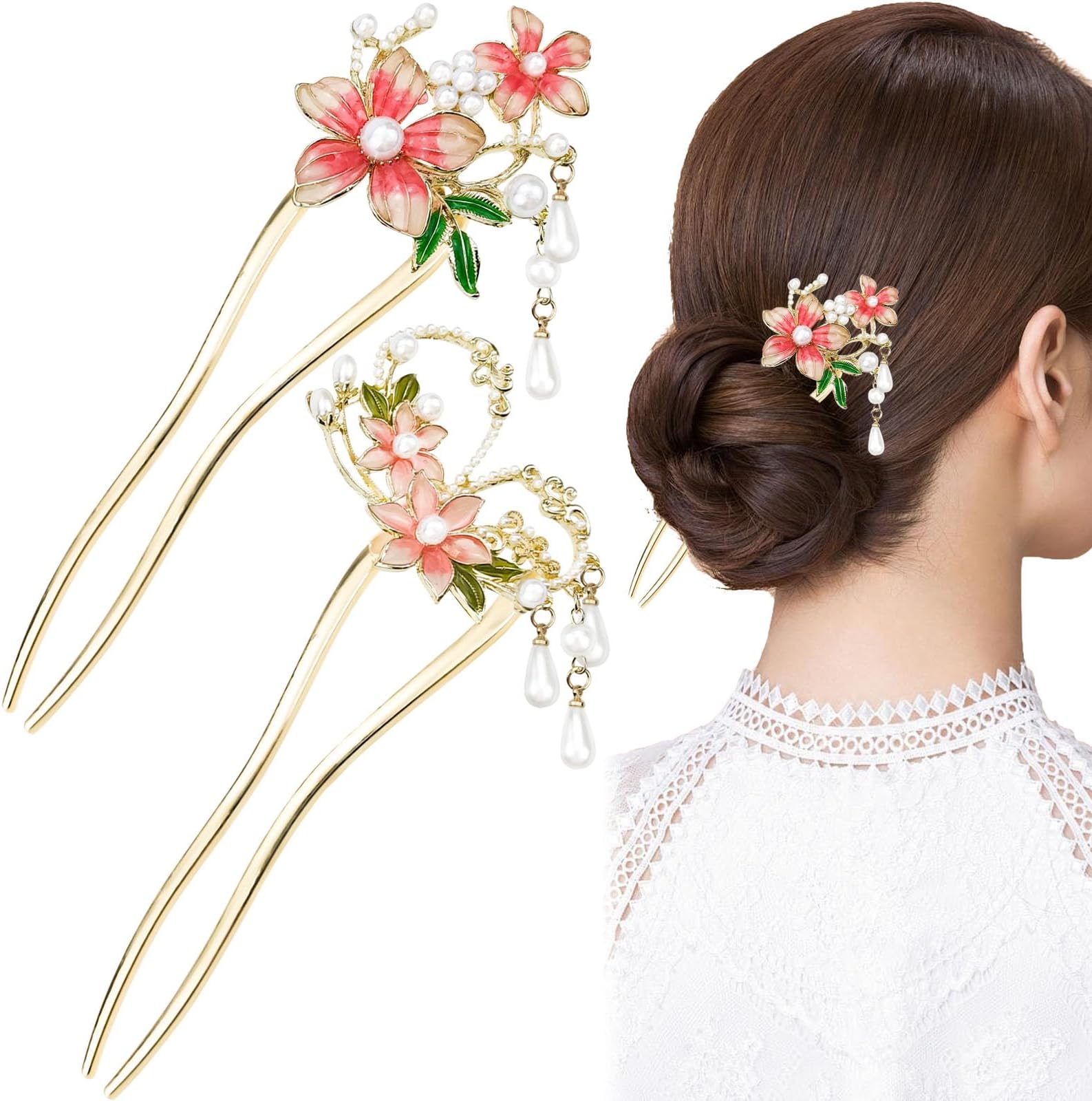 Amazon.com : Arvintas 2 Count Chinese Flower Hair Stick, Metal Hair ...
