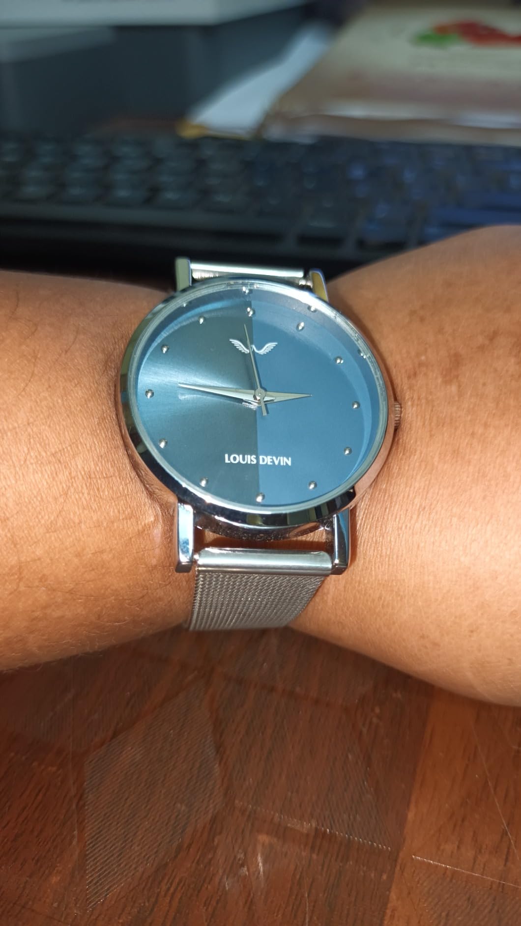 LOUIS DEVIN LD-L144-BLU-CH Mesh Blue Dial Silver Band Stainless Steel ...