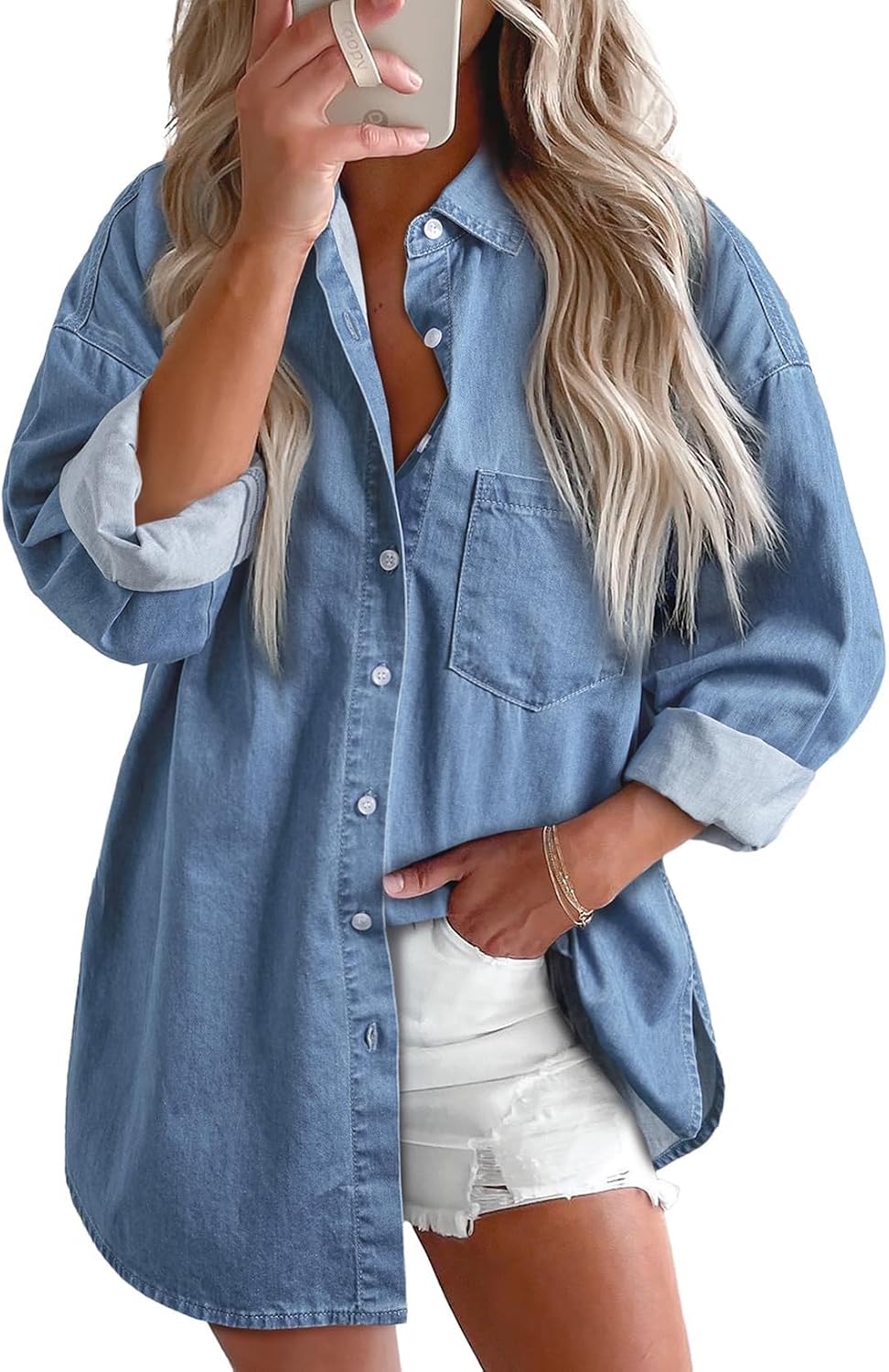 Amazon.com: COROFY Womens Blue Plus Size Denim Shirt Casual Long Sleeve ...