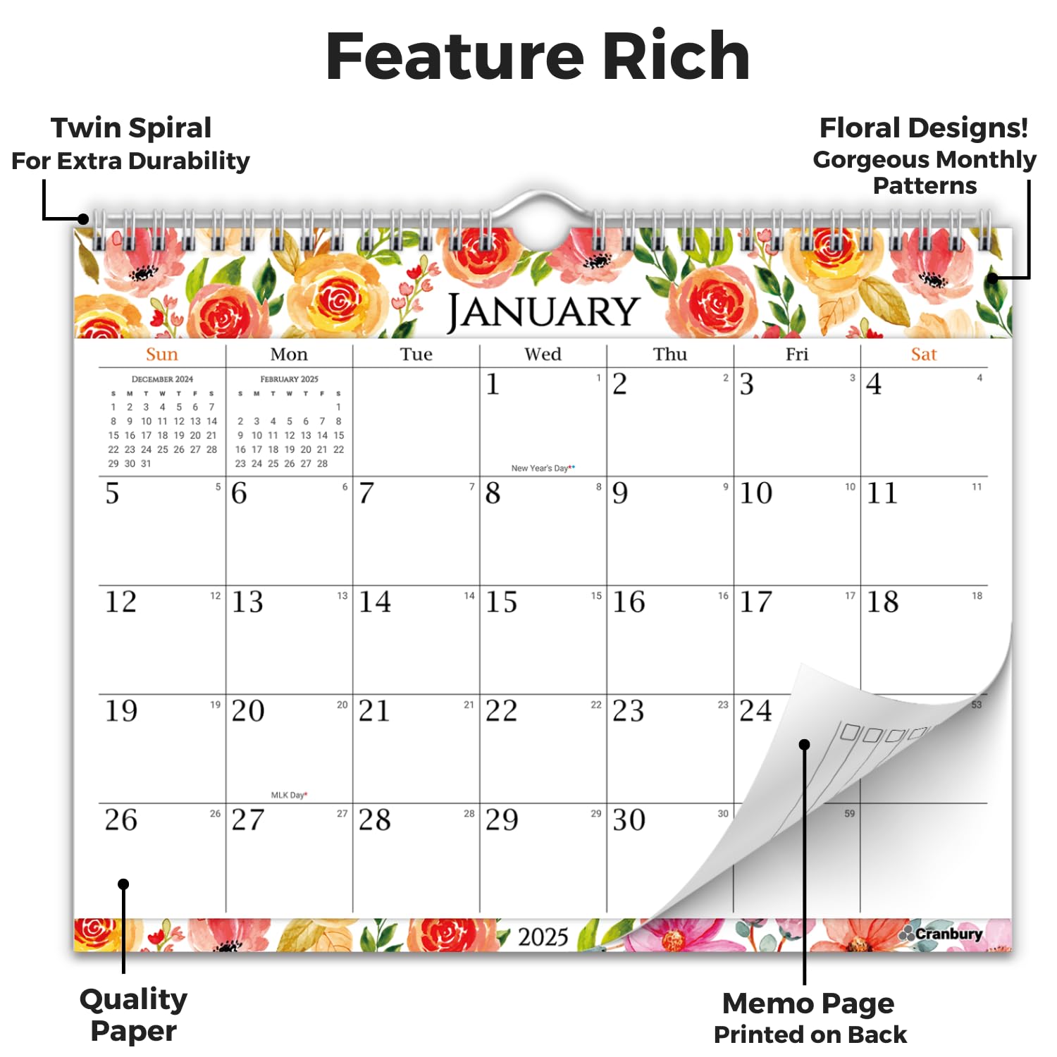 Snapklik.com : CRANBURY 8.5x11" Wall Calendar 2025, (Floral) Spiral ...