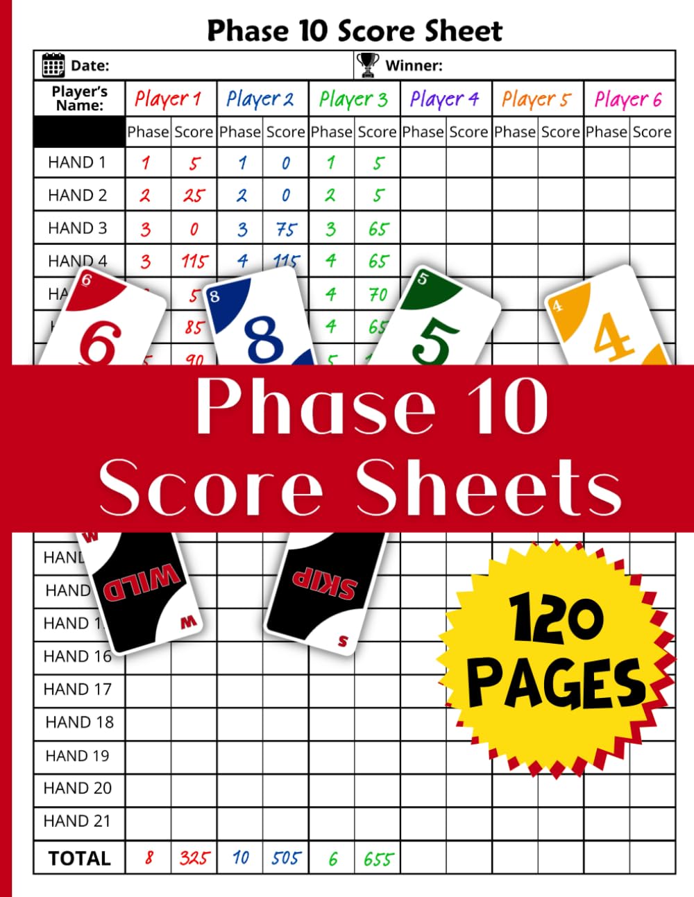 Phase 10 Score Sheets: Scorebook for Phase 10 Card Game | 6 players ...