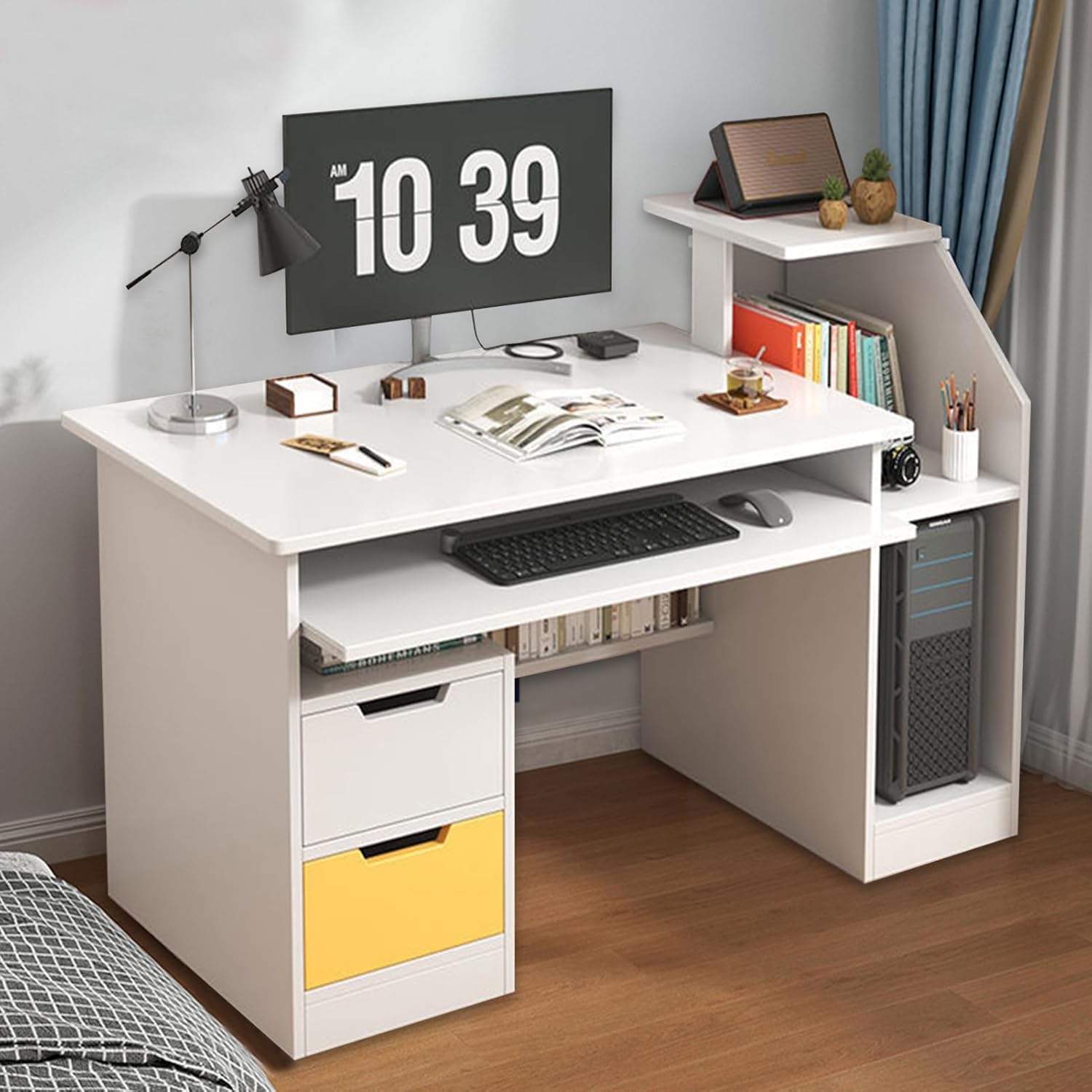 White Computer Desk with Drawers,46'' Office Gaming Computer Table with ...