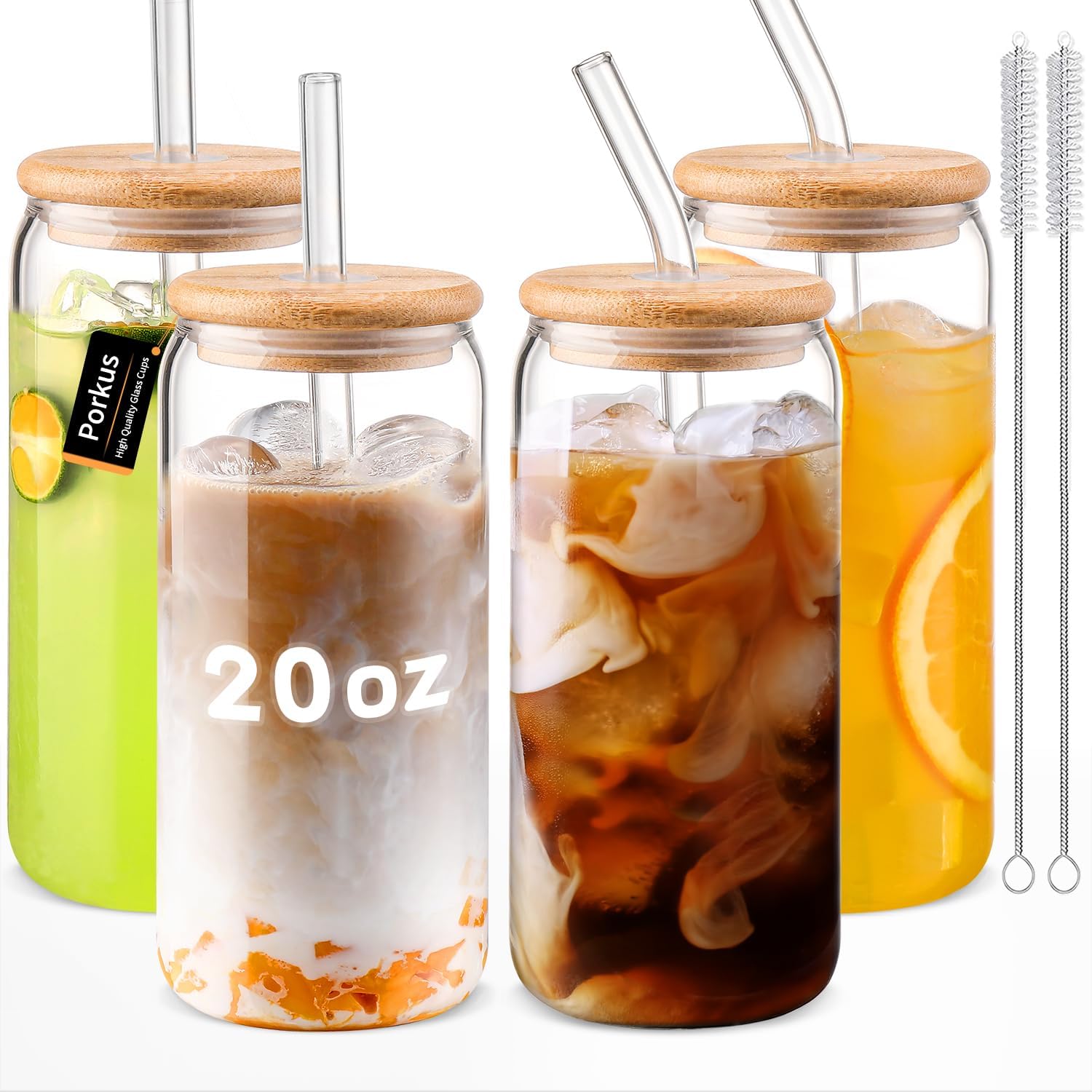 Amazon.com | Porkus Glass Cups with Lids and Straws 4pcs Set, 20oz ...