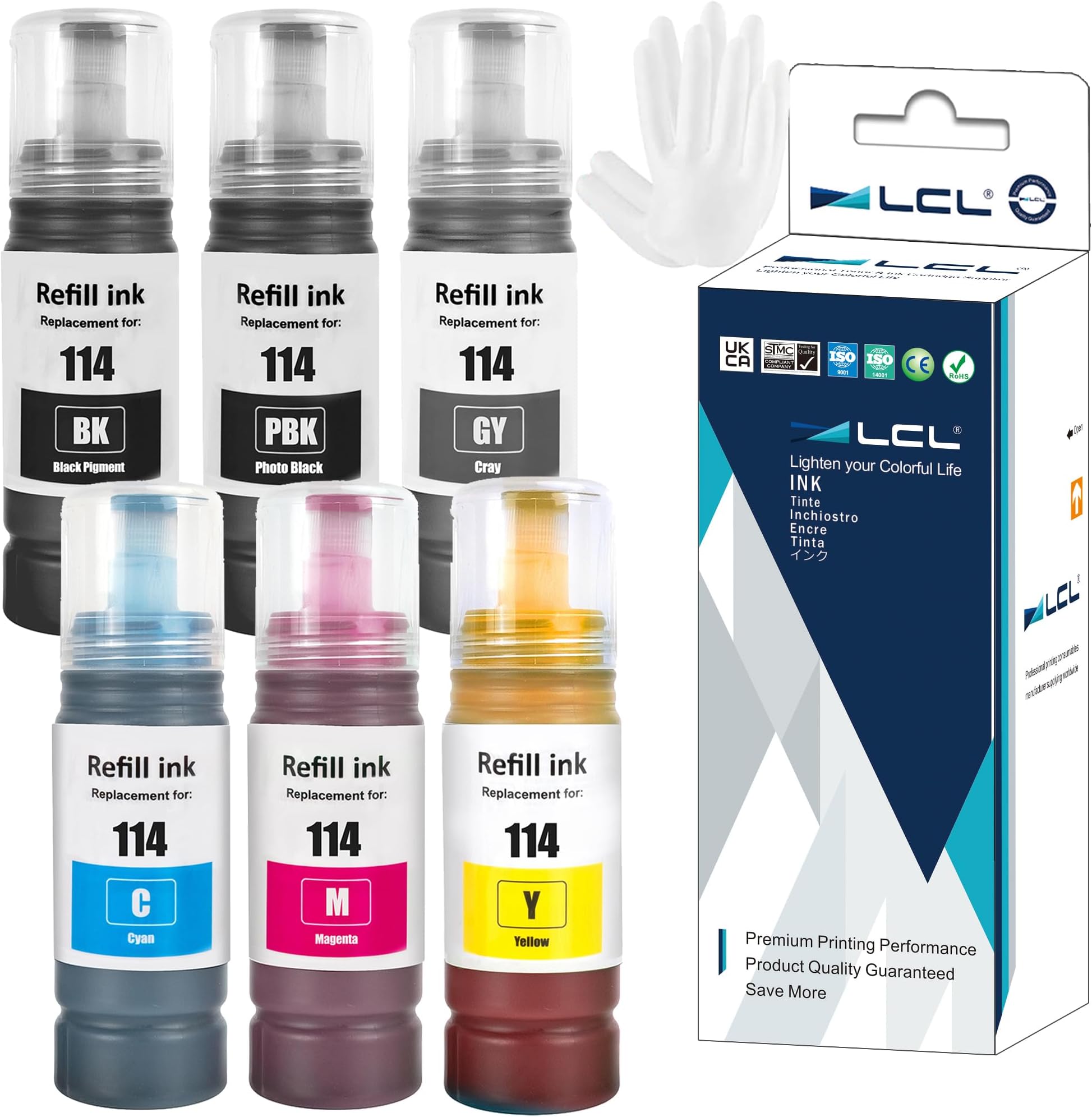 LCL Compatible Ink Bottle (6PK) Replacement for EPSON 114 C13T07A140 ...