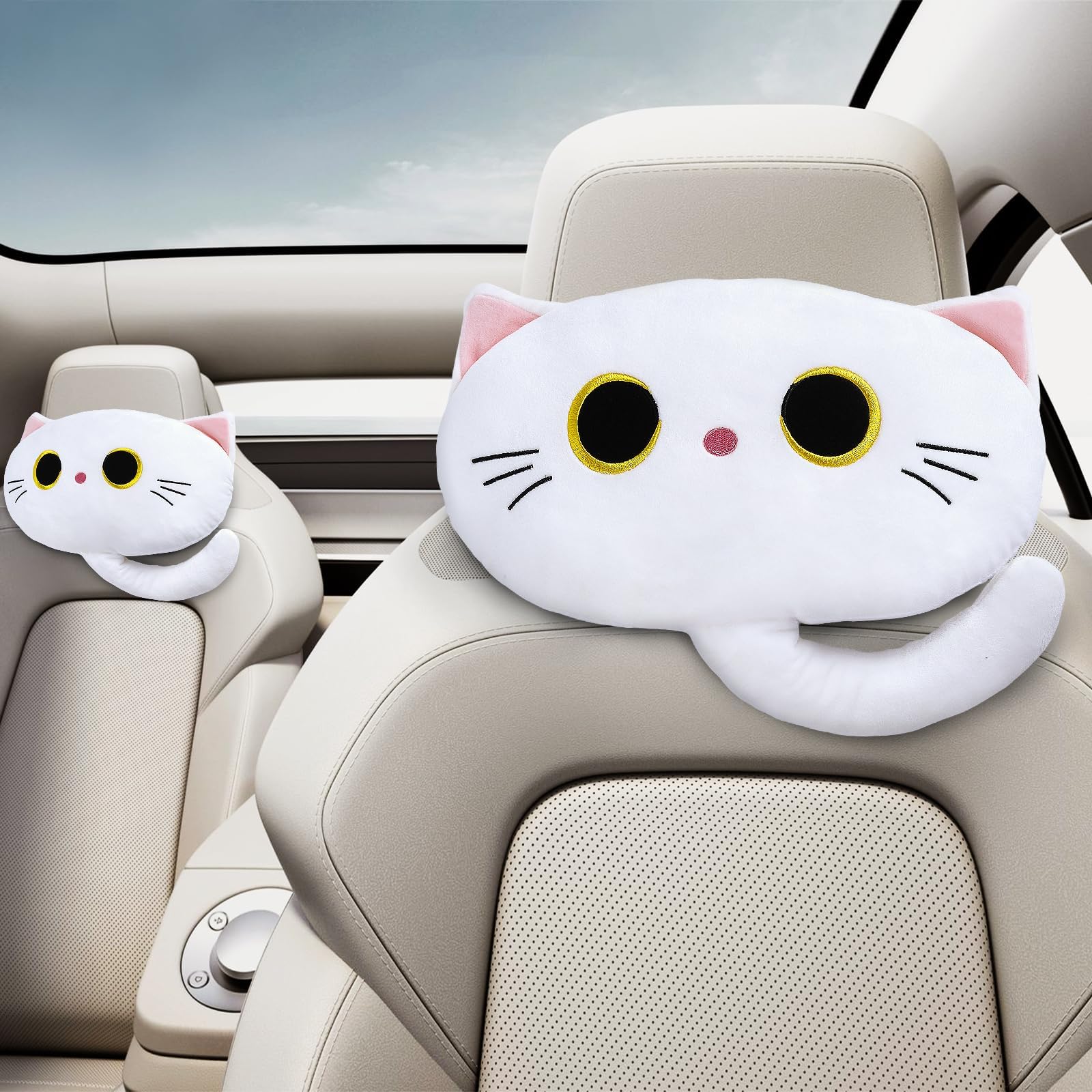 Amazon.com: seemehappy 2PCS Cuddly Chubby Cat Car Headrest Pillow Neck ...