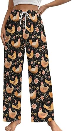 Chicken Floral Black Pajama Pants Women Pj Bottoms for Womens Casual ...