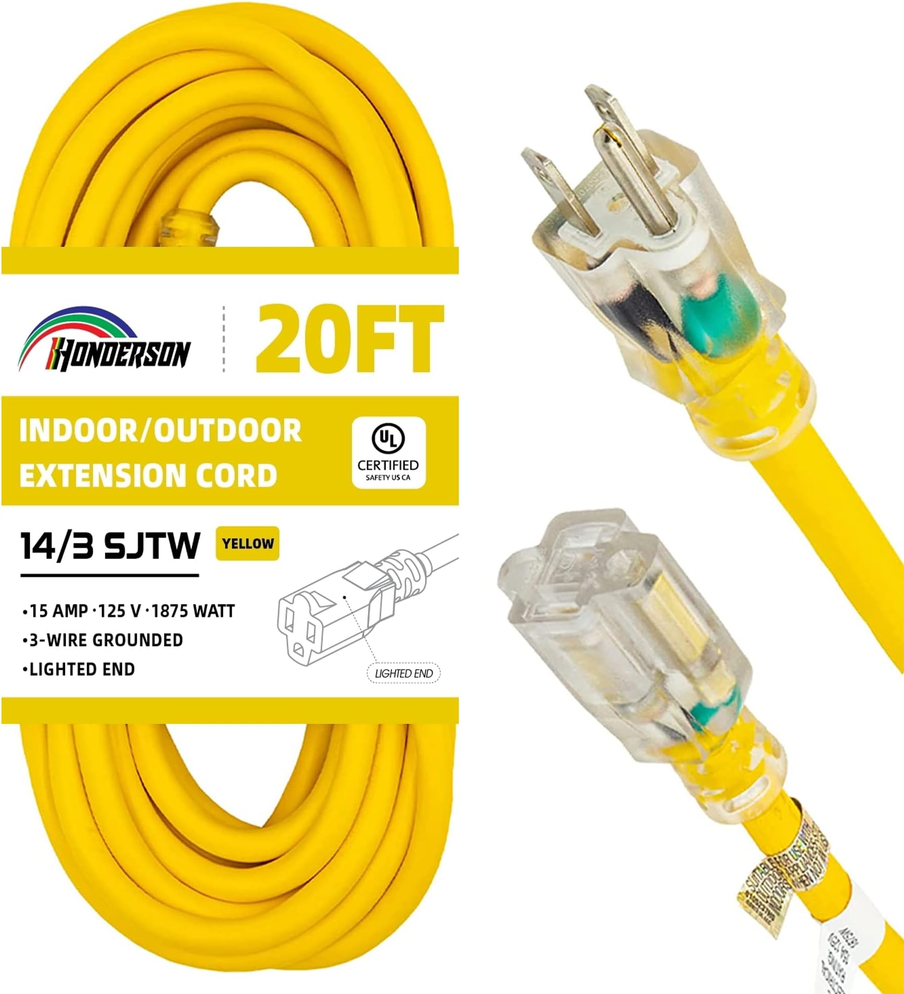 Amazon.com: HONDERSON 20FT 14/3 Lighted Outdoor Extension Cord - 14 ...