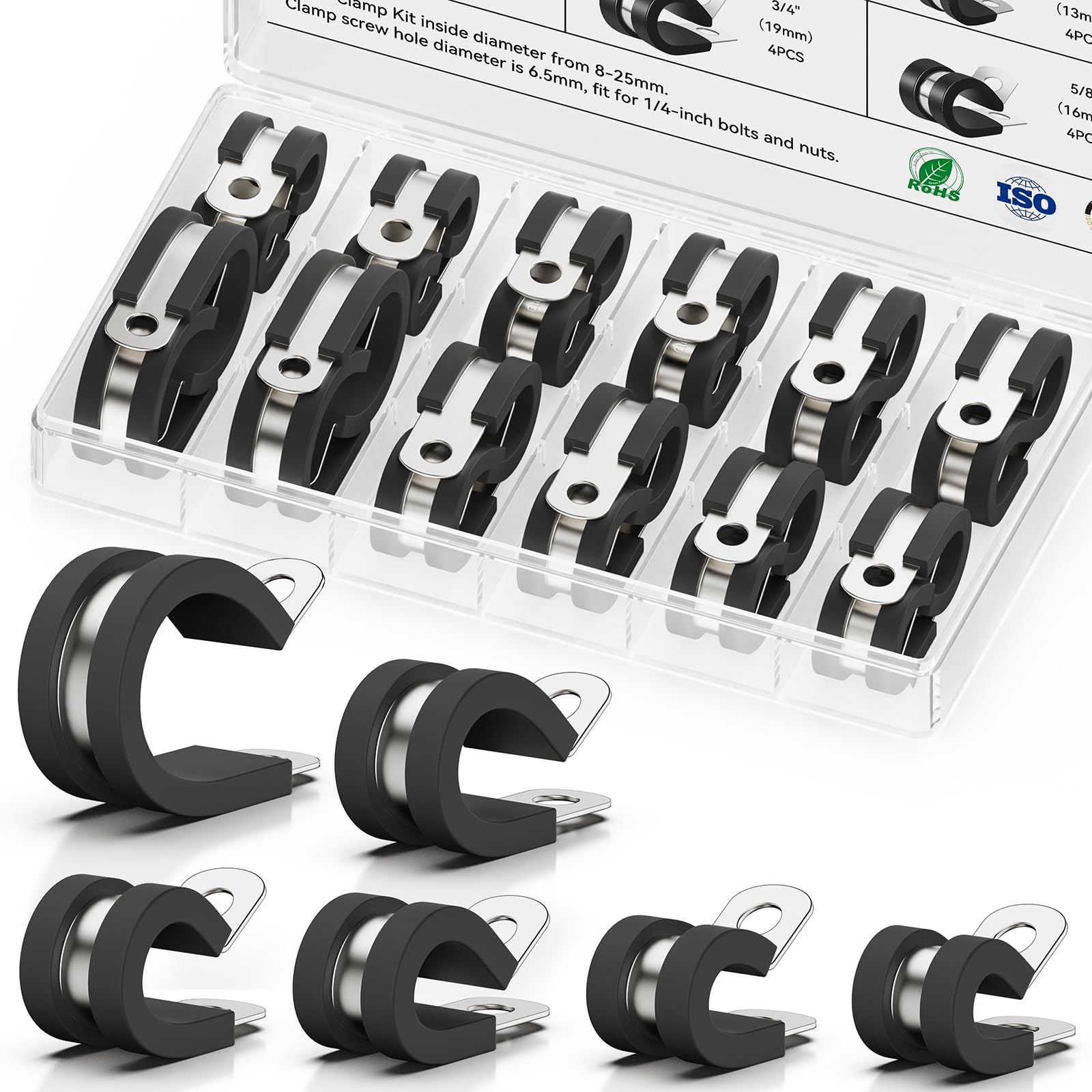 DLOUBLEIY Cable Clamps Assortment Kit, 24PCS Stainless Steel Rubber ...