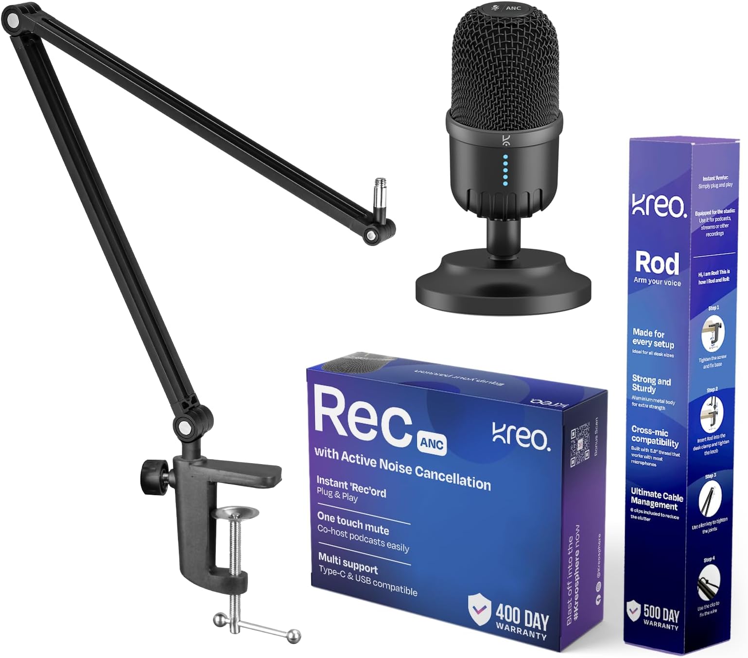 Kreo Rec Condenser Microphone with Rod V2 Boom Arm |Condenser Mic for ...