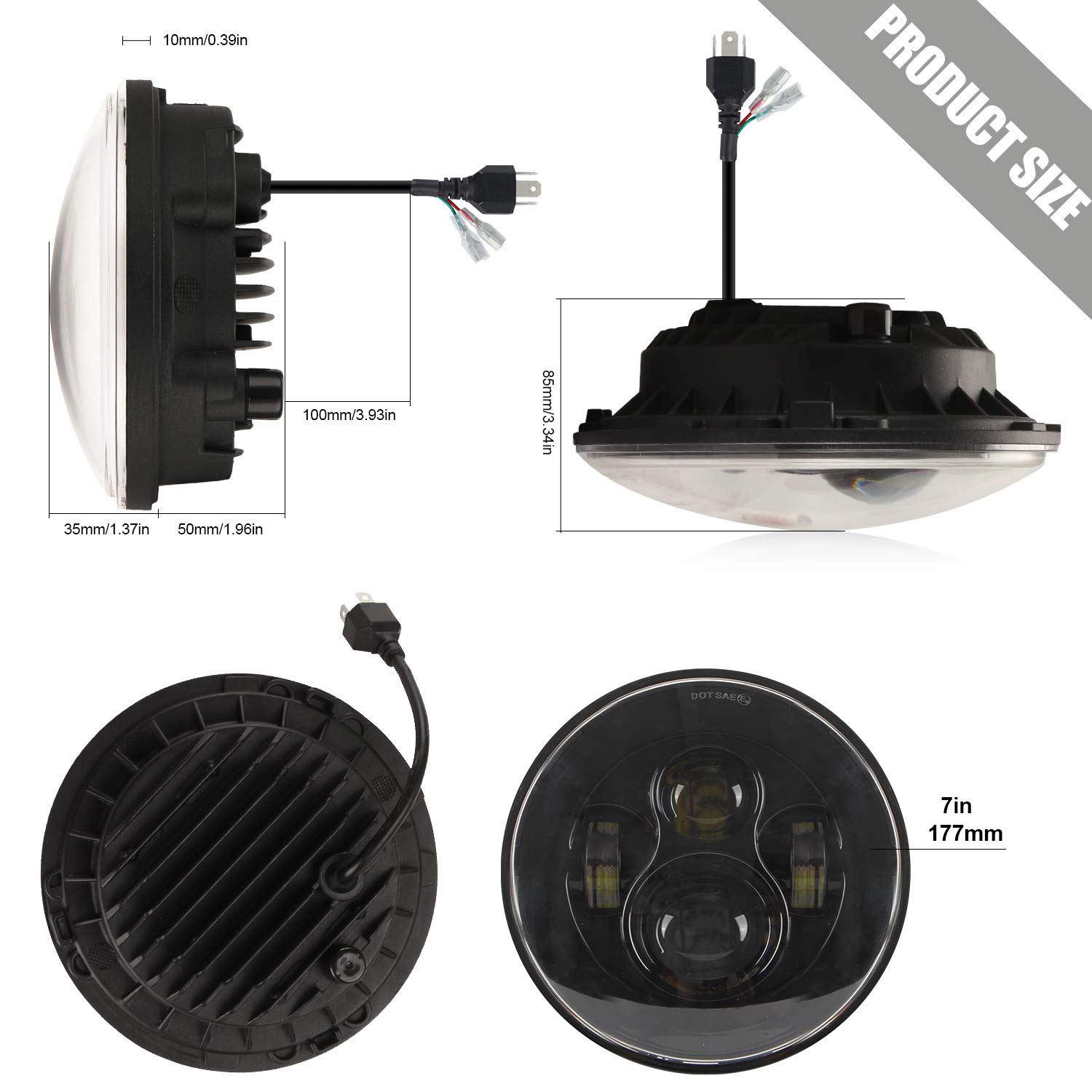 Snapklik.com : 7 Inch Round LED Headlights, 2PCS 7 DC12-24V 200W 6000K ...
