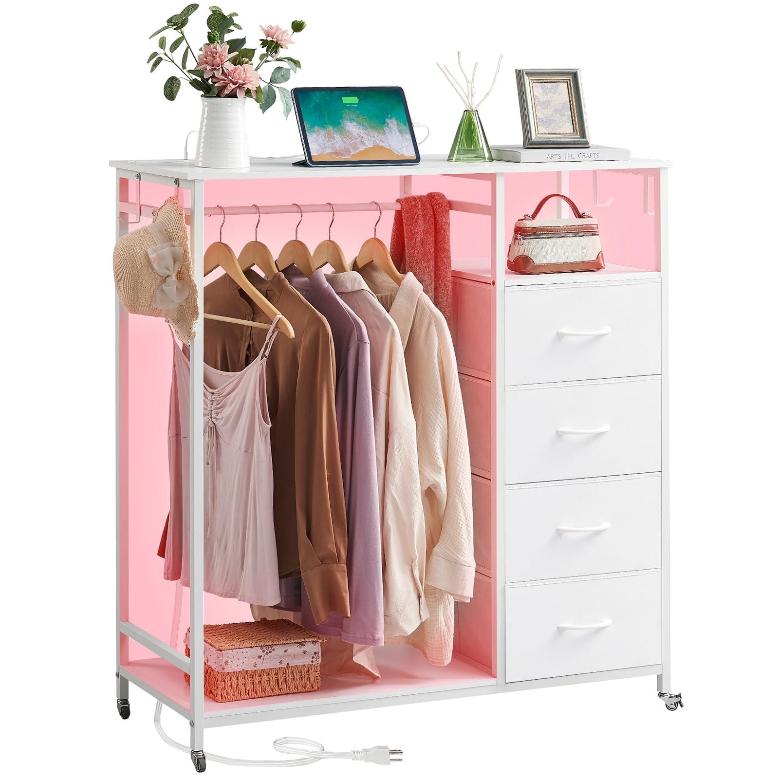 Amazon.com: Somdot White Dresser for Bedroom with Hanging Rack LED ...
