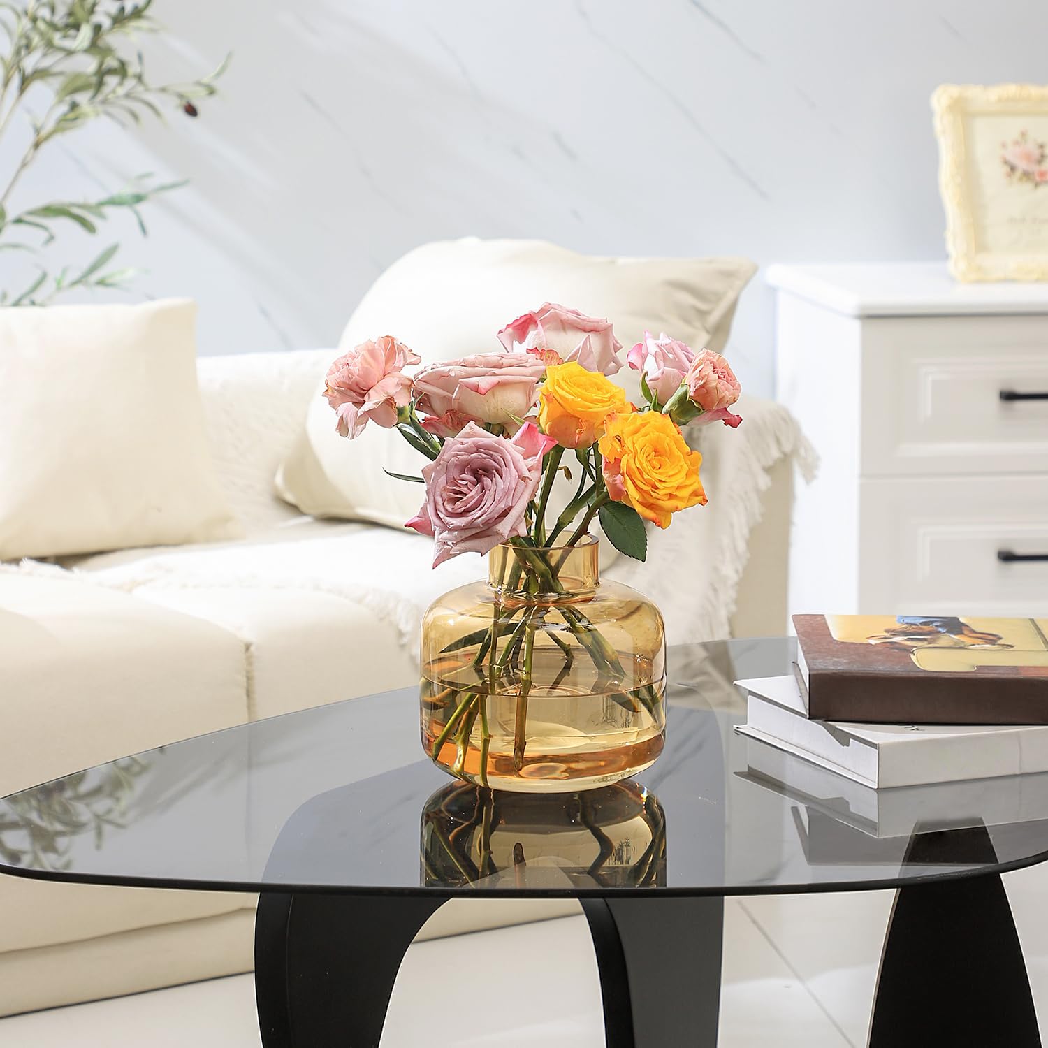 Snapklik.com : Amber Glass Vase, Short Flower Vase, Round Glass Vases ...