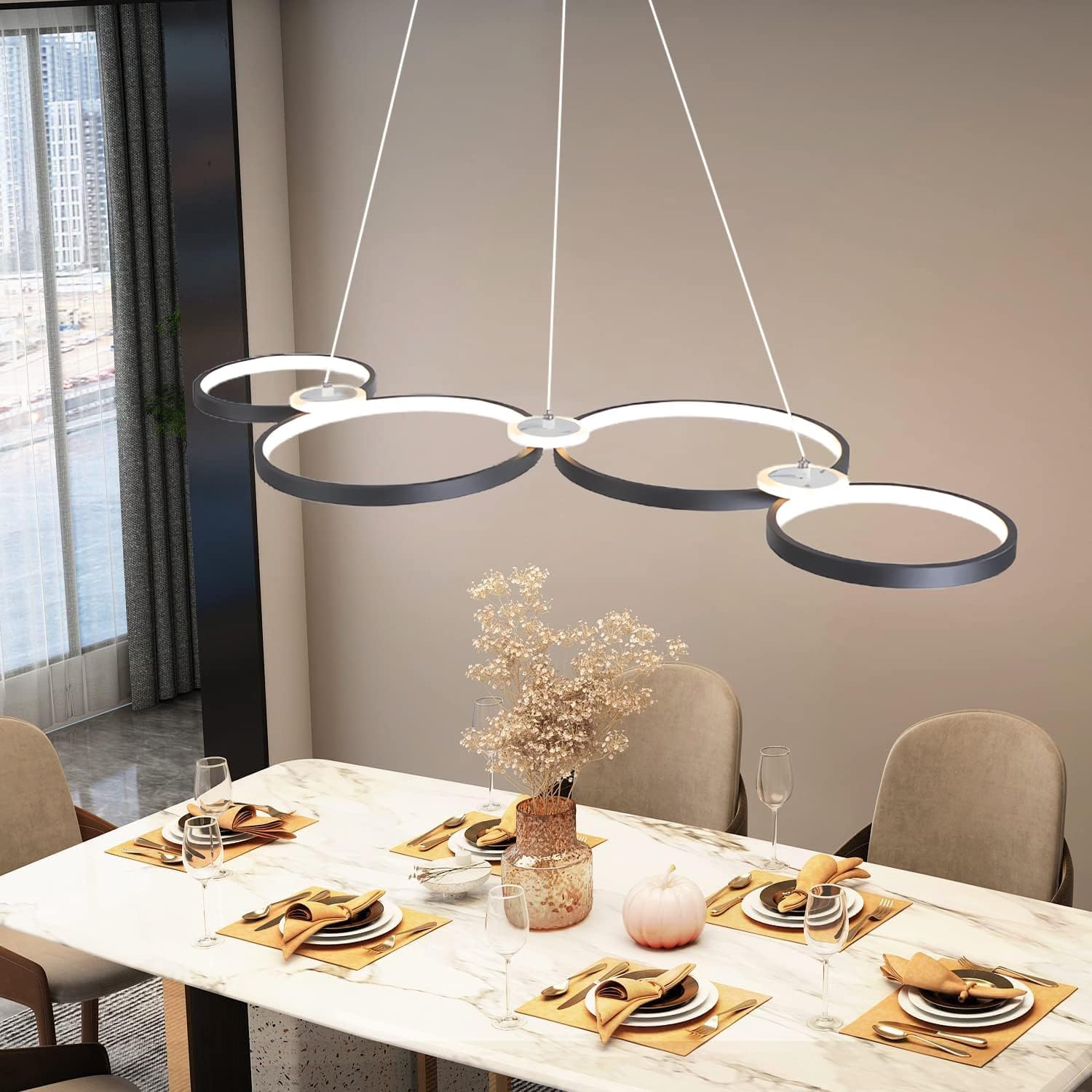 JSXL Modern Hanging Light Fixture Black, 4 Rings Dining Room Chandelier ...
