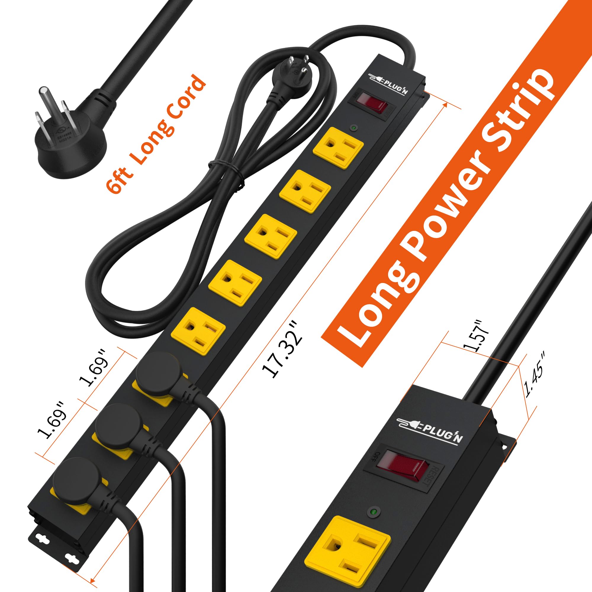 8 Outlet Long Power Strip, 2100J Surge Protector Heavy Duty 6FT Cord ...