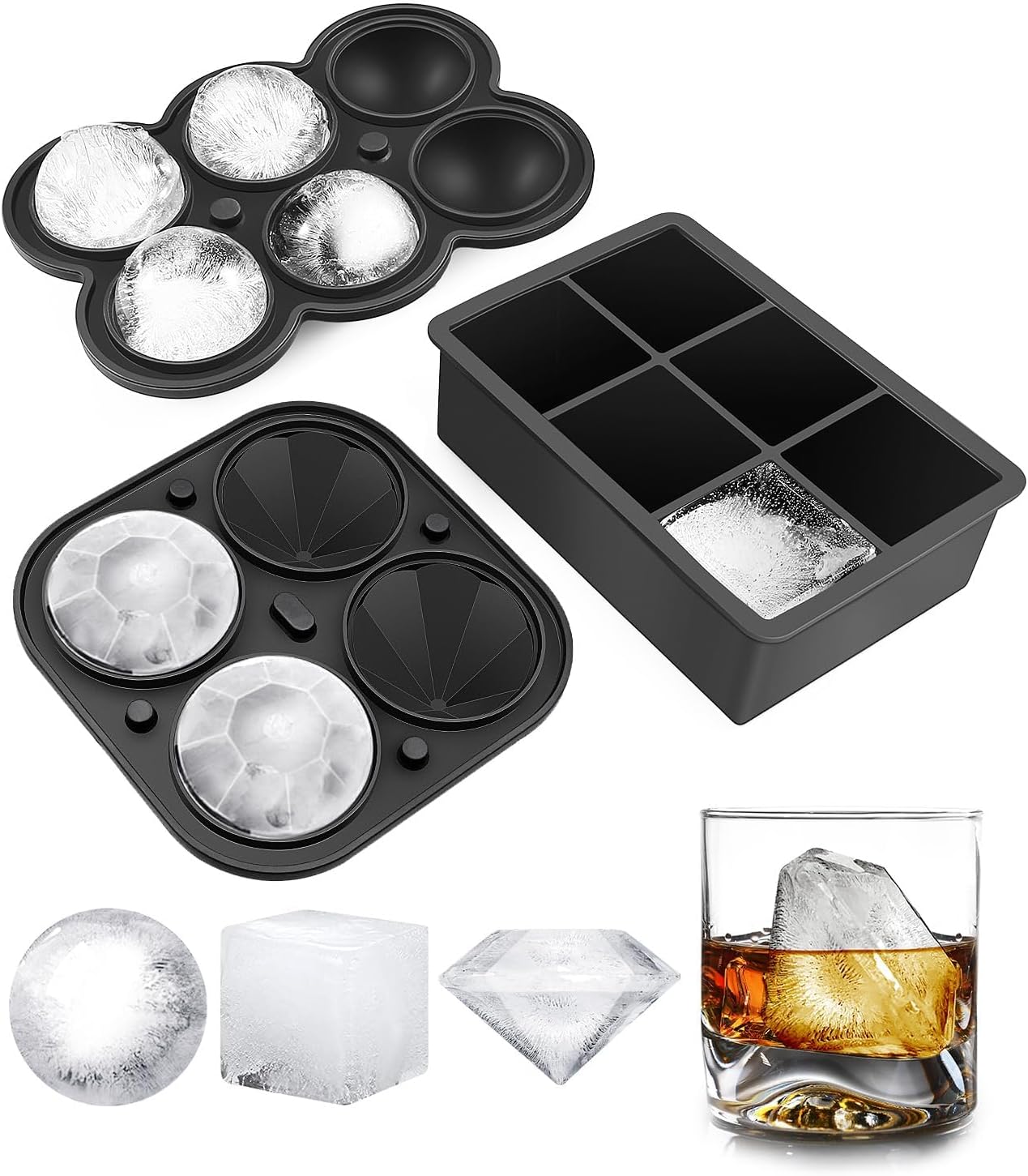 Amazon.com: 2Pack Silicone Square and Round Ice Cube Trays - Sphere ...