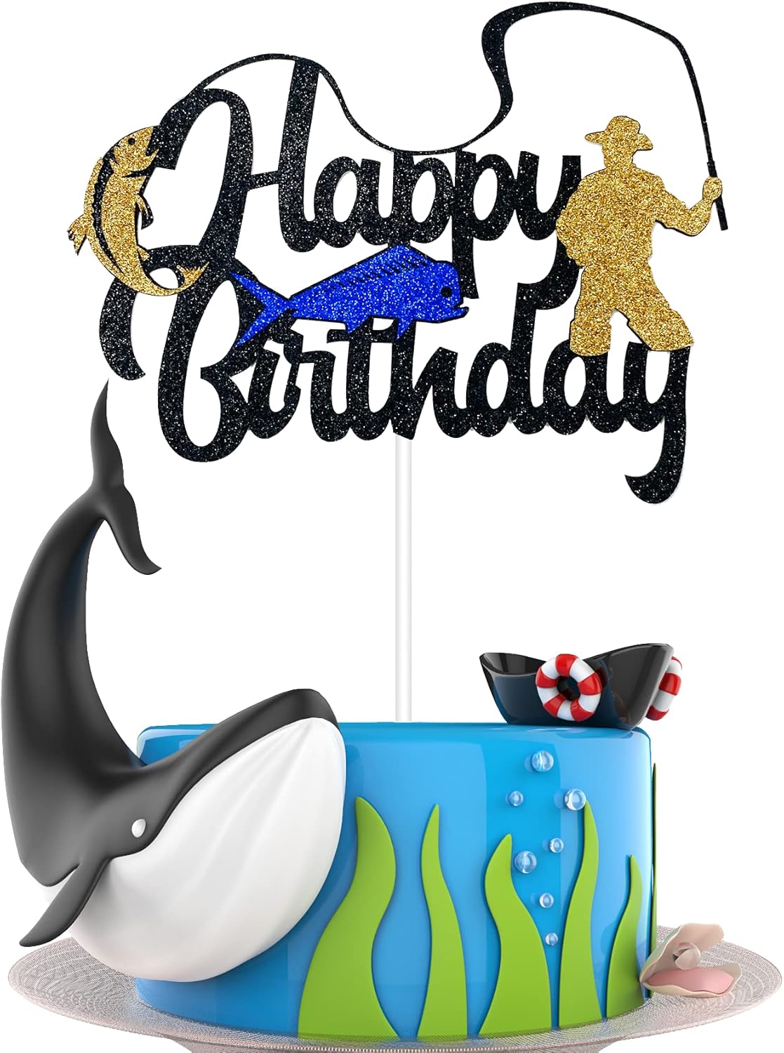 Amazon.com: Fishing Birthday Cake Topper - Fish Cake Topper - Black ...