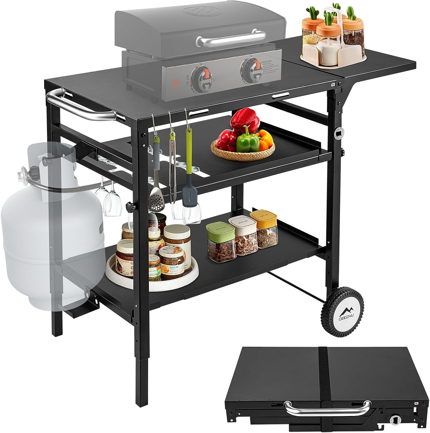Amazon.com: CEED4U Folding Grill Cart Table with Three-Shelf, 40" x 20 ...