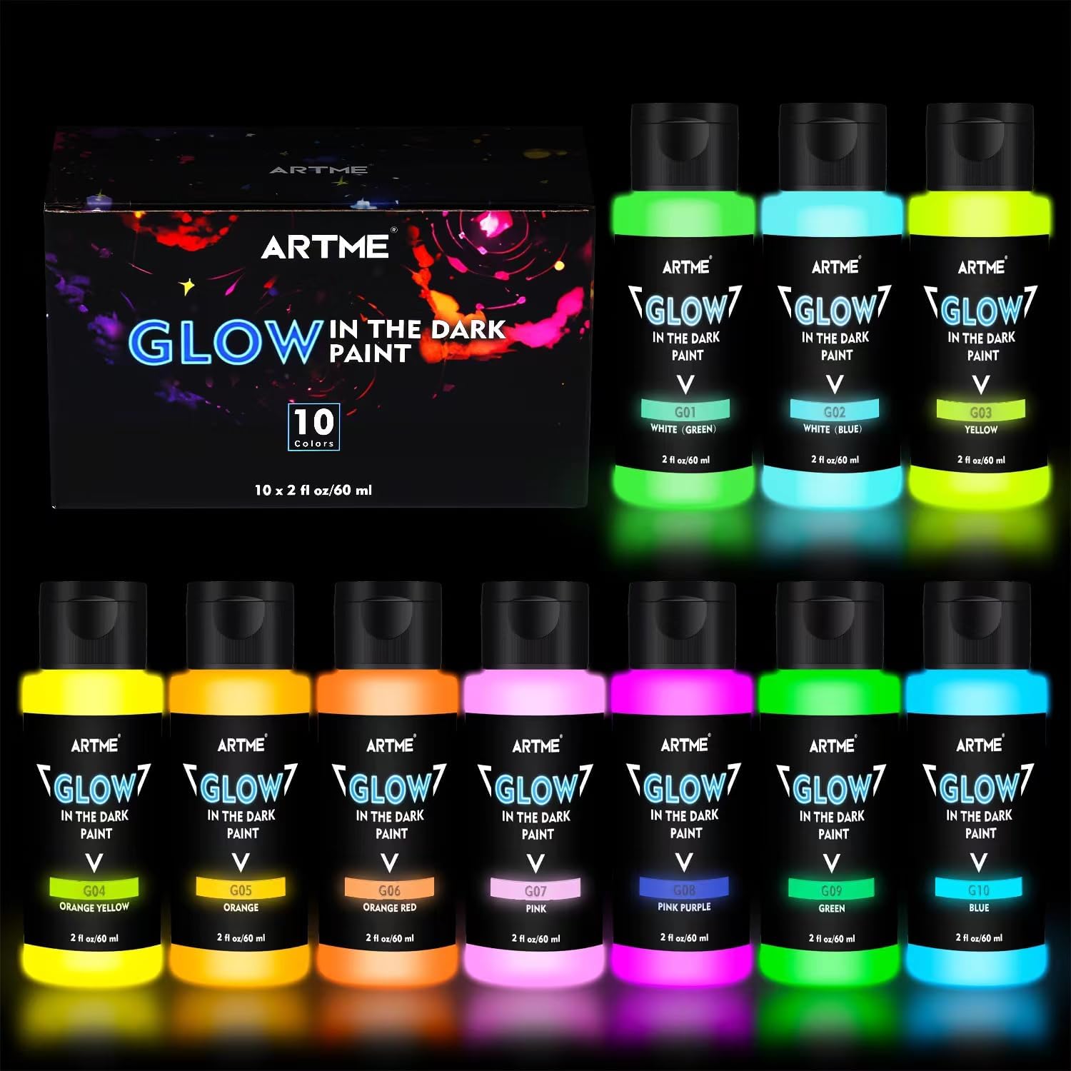 Amazon.com: ARTME Glow in The Dark Paint, 10 Bright Colors 60ml/2oz ...