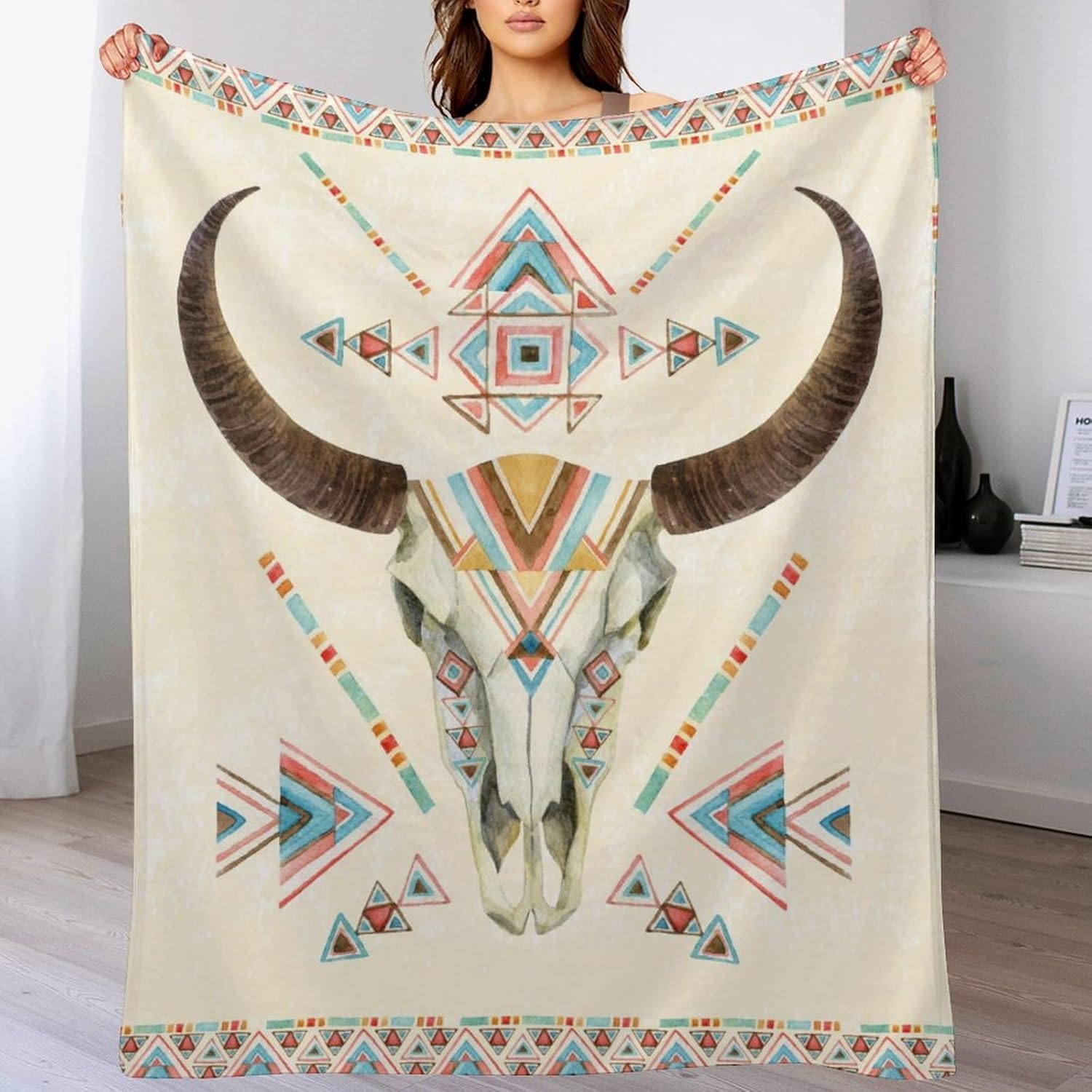 Amazon.com: YungHo Western Boho Throw Fleece Blanket, Bull Skull Aztec ...