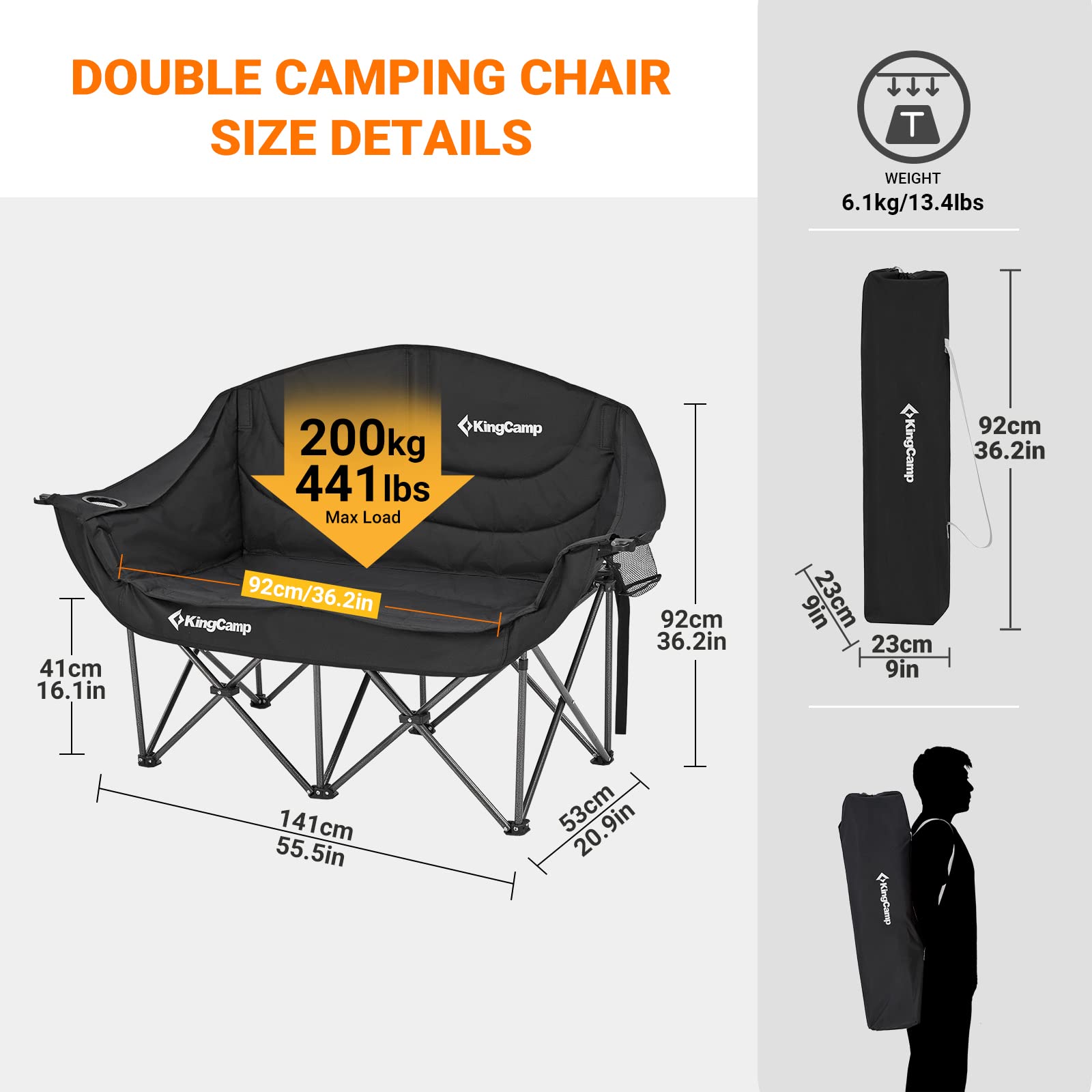 KingCamp Double Camping Chair Loveseat Heavy Duty for Adults Two Person ...