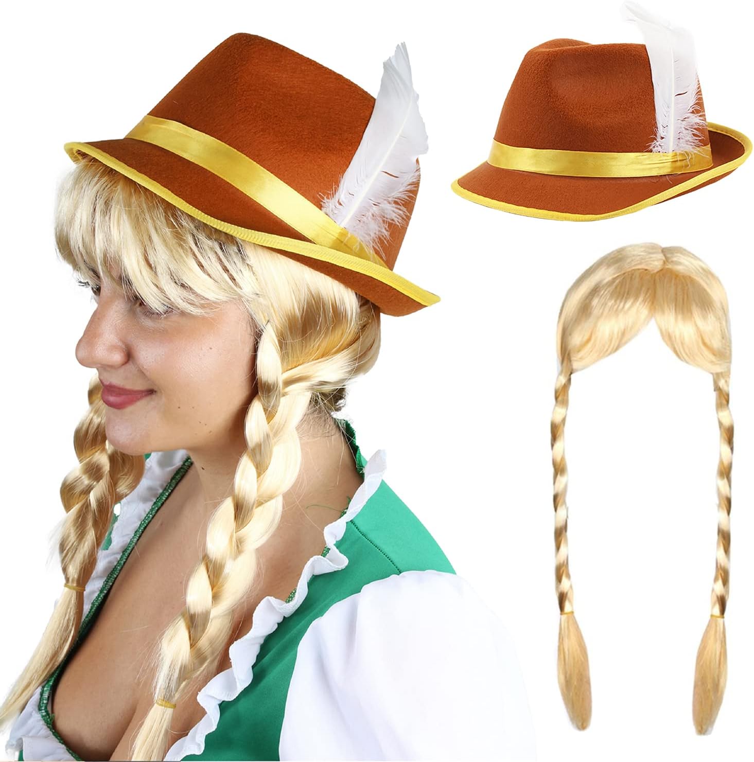 ladies Oktoberfest Bavarian Wig and Hat Set - Brown & Yellow Bavarian ...