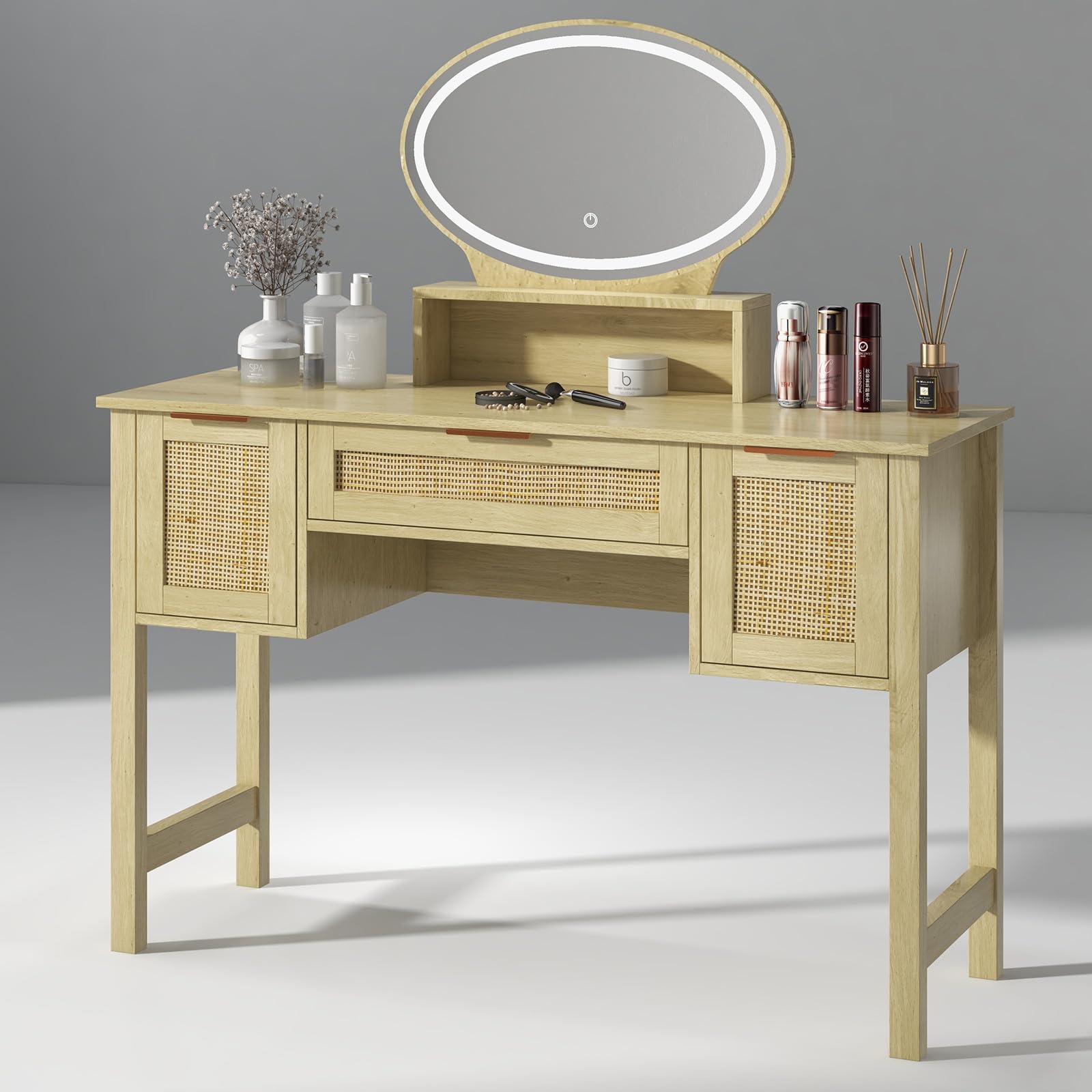 Amazon.com: FUNKOCO Rattan Vanity Desk with Mirror and Lights, 47 Inch ...