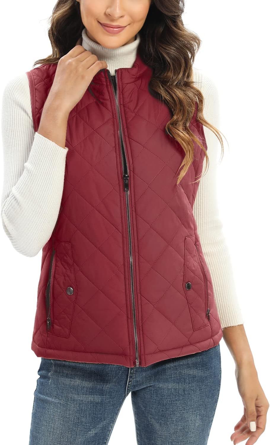 WOWSTAR Women's Lightweight Quilted Vest, Stand Collar Diamond Zip Vest ...